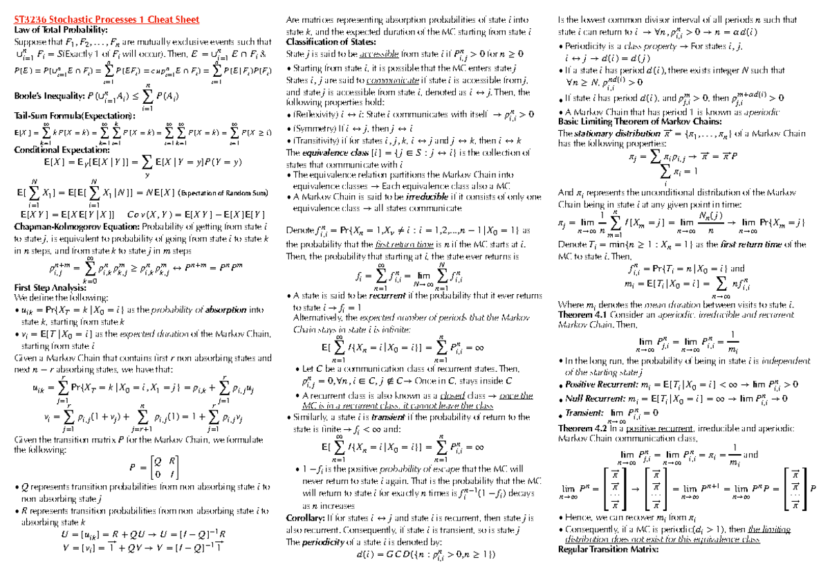 ST3236 Cheat Sheet - ST3236 Stochastic Processes 1 Cheat Sheet Law of ...