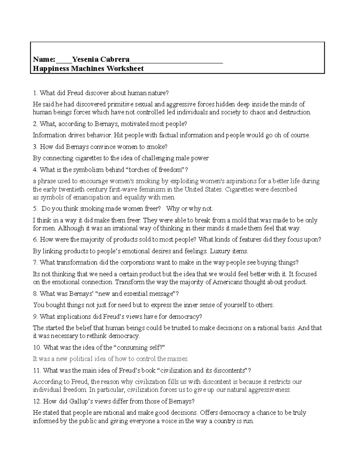 Happiness Machines worksheet - Name:Yesenia Cabrera ...