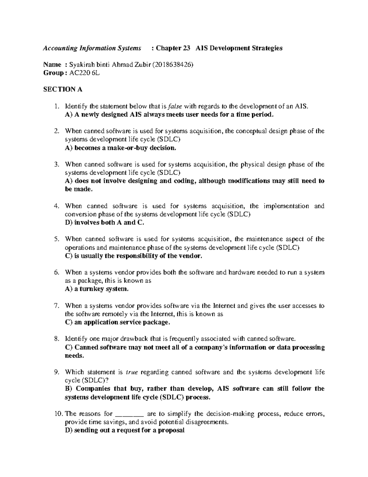 AIS655 Exercise Chapter 23 - Accounting Information Systems : Chapter 23 AIS Development ...