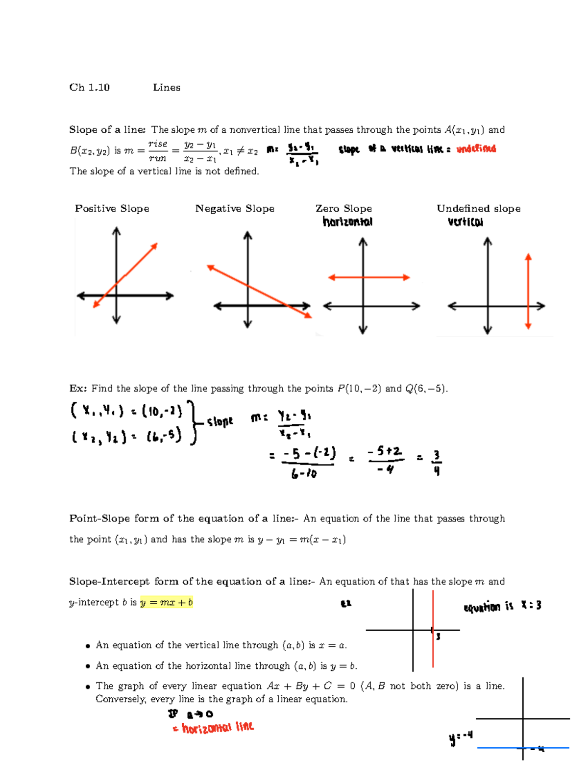 Ch 1.10 Lines/ Slope of a line - Ch 1 Lines Slope of a line: The slope ...