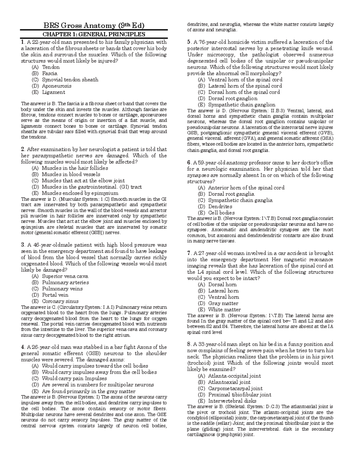 Sample/practice exam, questions and answers - BRS Gross Anatomy (9th Ed ...
