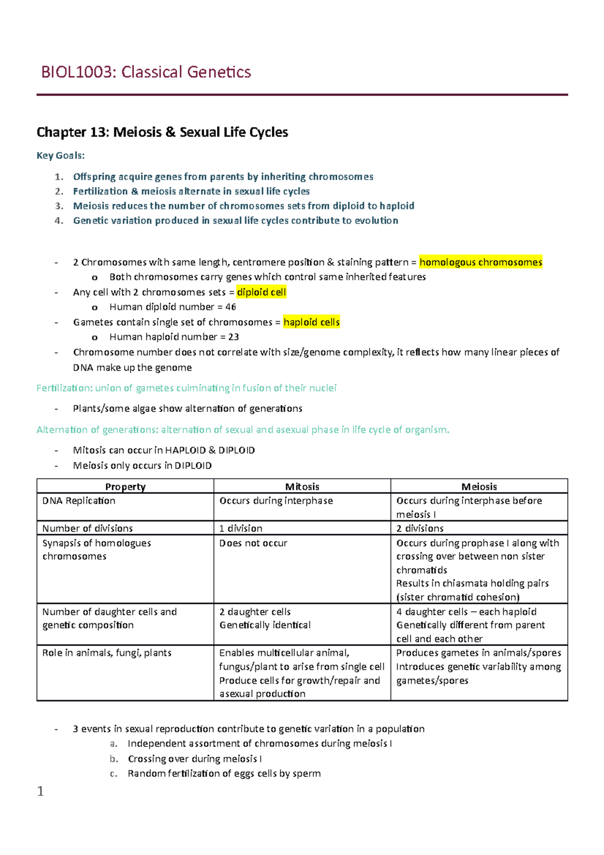 BIOL1003 Textbook Notes - BIOL1003: Classical Genetics Chapter 13 ...