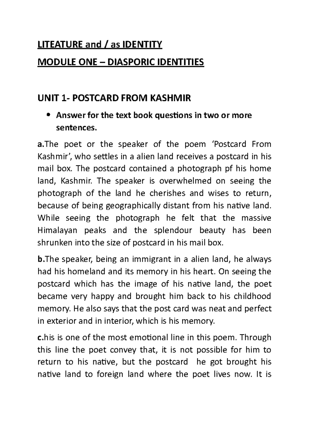 Literature and as Identity - Module 1 - Unit 1- Q&A, Notes - LITEATURE ...