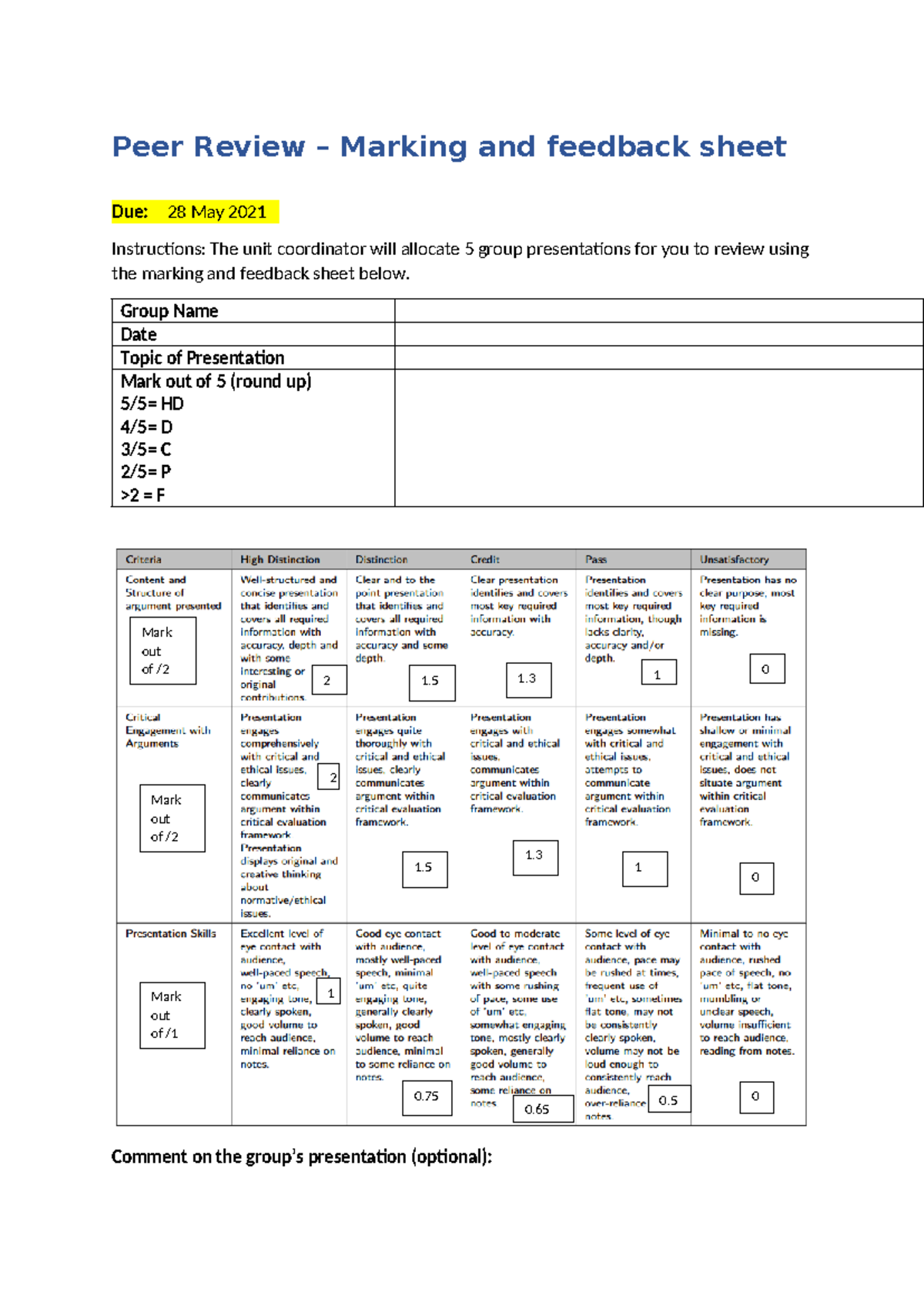 Assessment 2 Peer Review Sheet - Peer Review – Marking and feedback ...