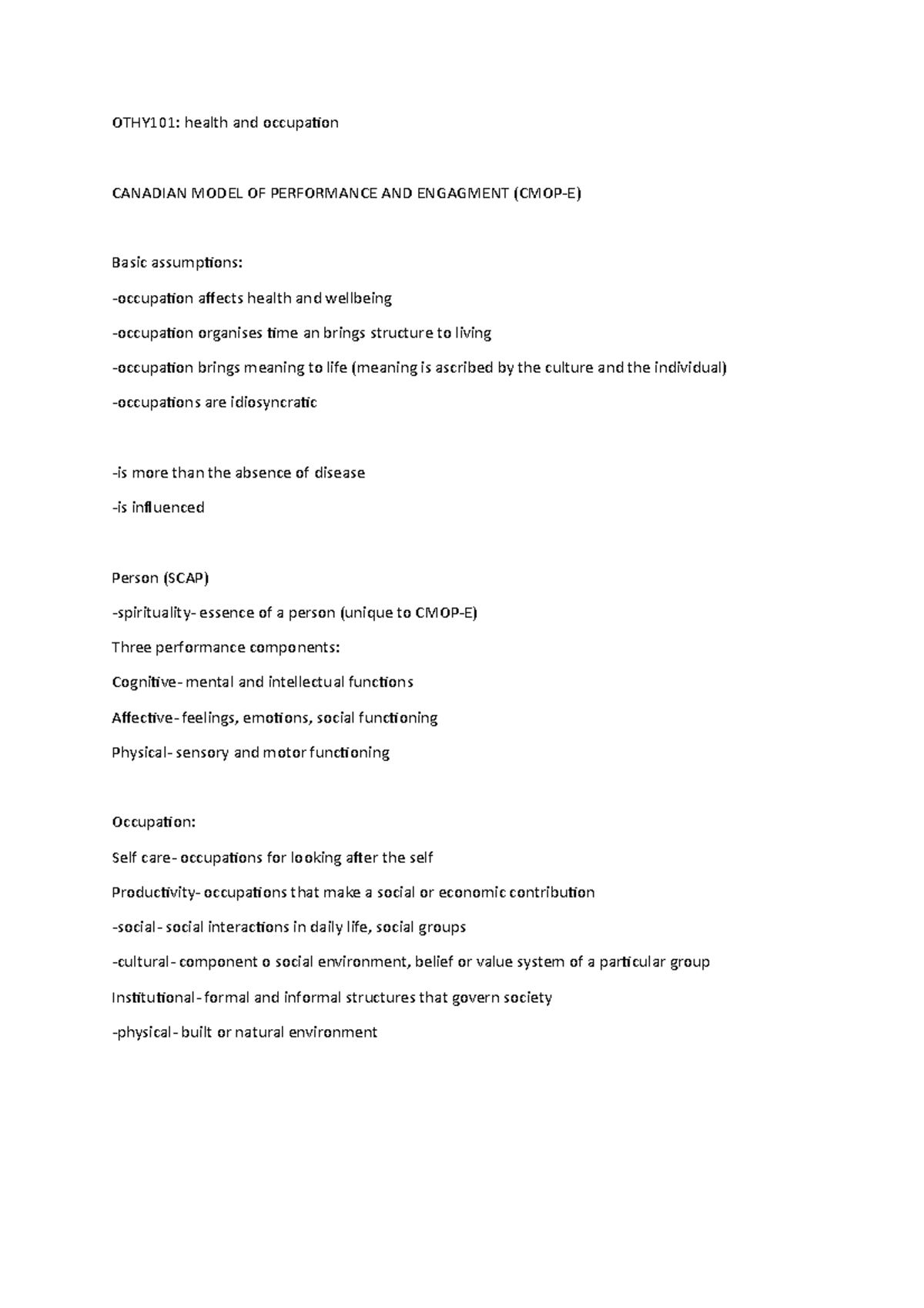 OTHY101 - cmop-e - OTHY101: health and occupation CANADIAN MODEL OF ...