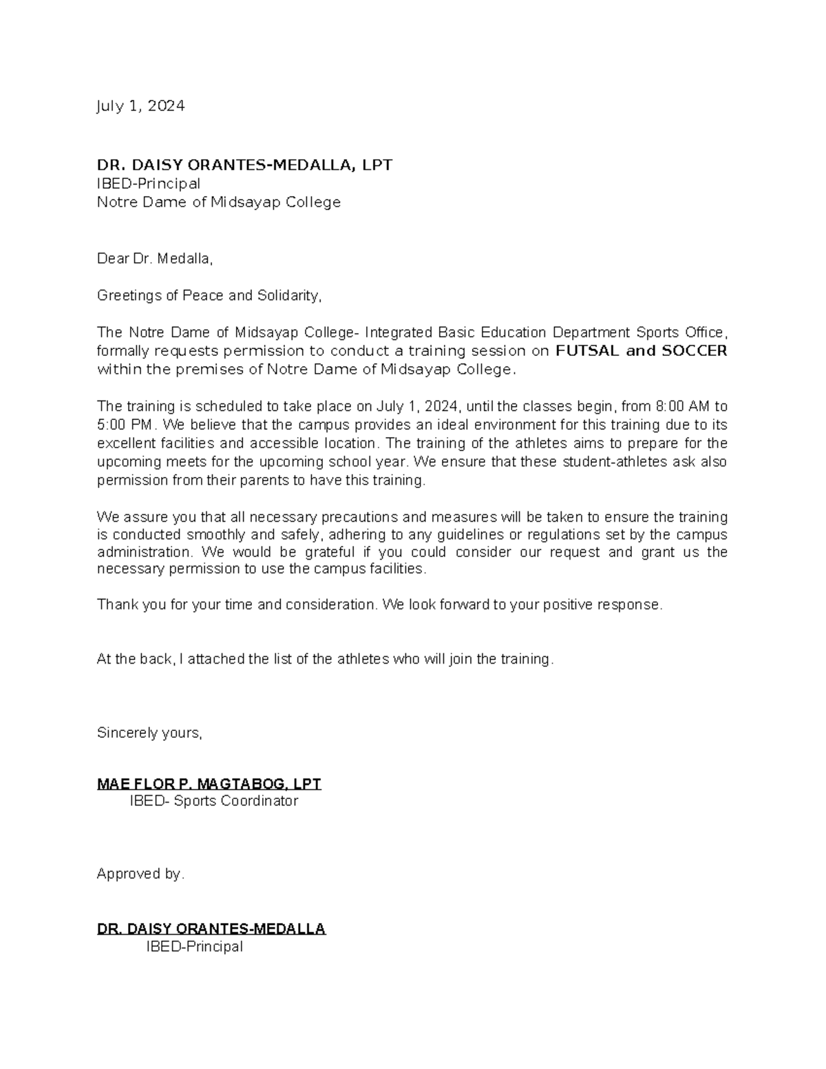 Futsal AND Soccer Training - July 1, 2024 DR. DAISY ORANTES-MEDALLA ...