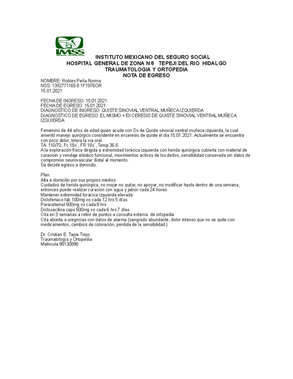 NOTA Egreso DR Tapia - INSTITUTO MEXICANO DEL SEGURO SOCIAL HOSPITAL ...