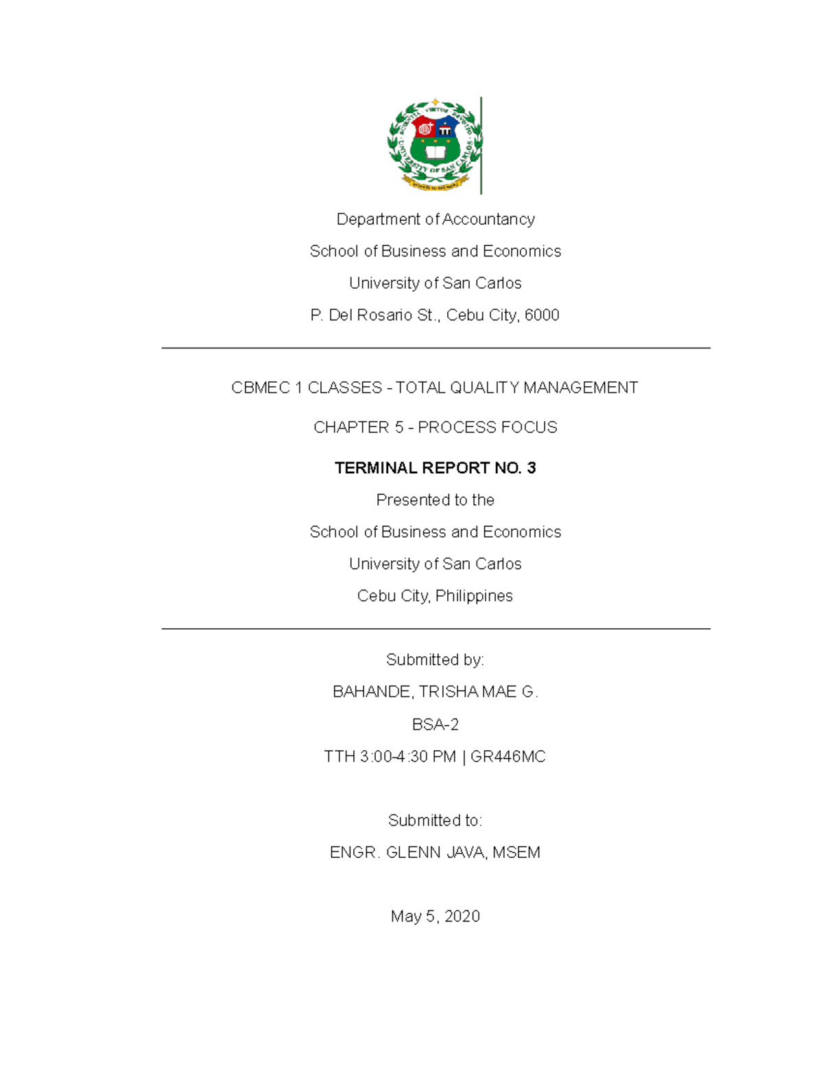 Terminal report 3 - Grade: A - Department of Accountancy School of ...