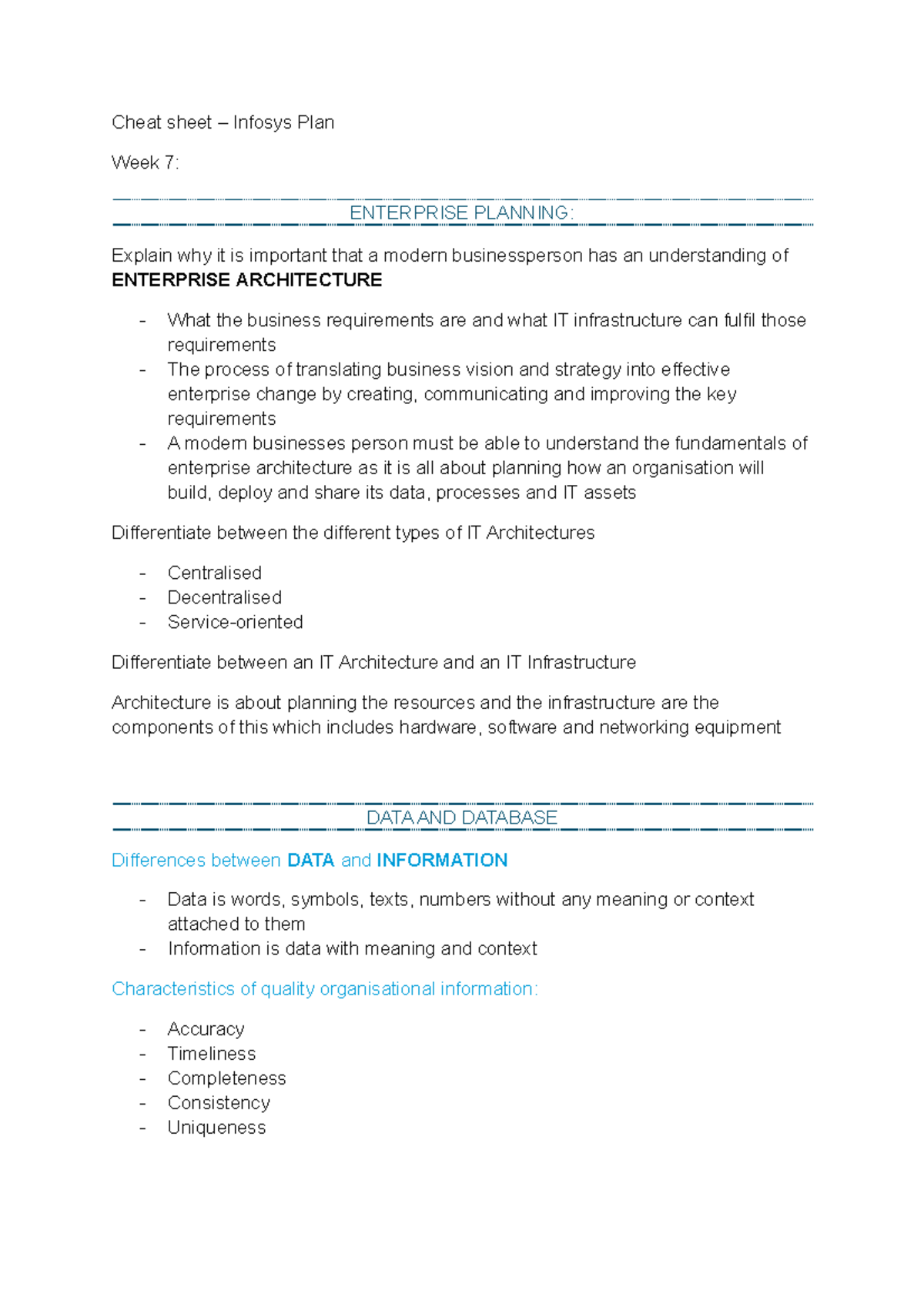 Cheatsheet Infosys - Cheat sheet – Infosys Plan Week 7: ENTERPRISE ...