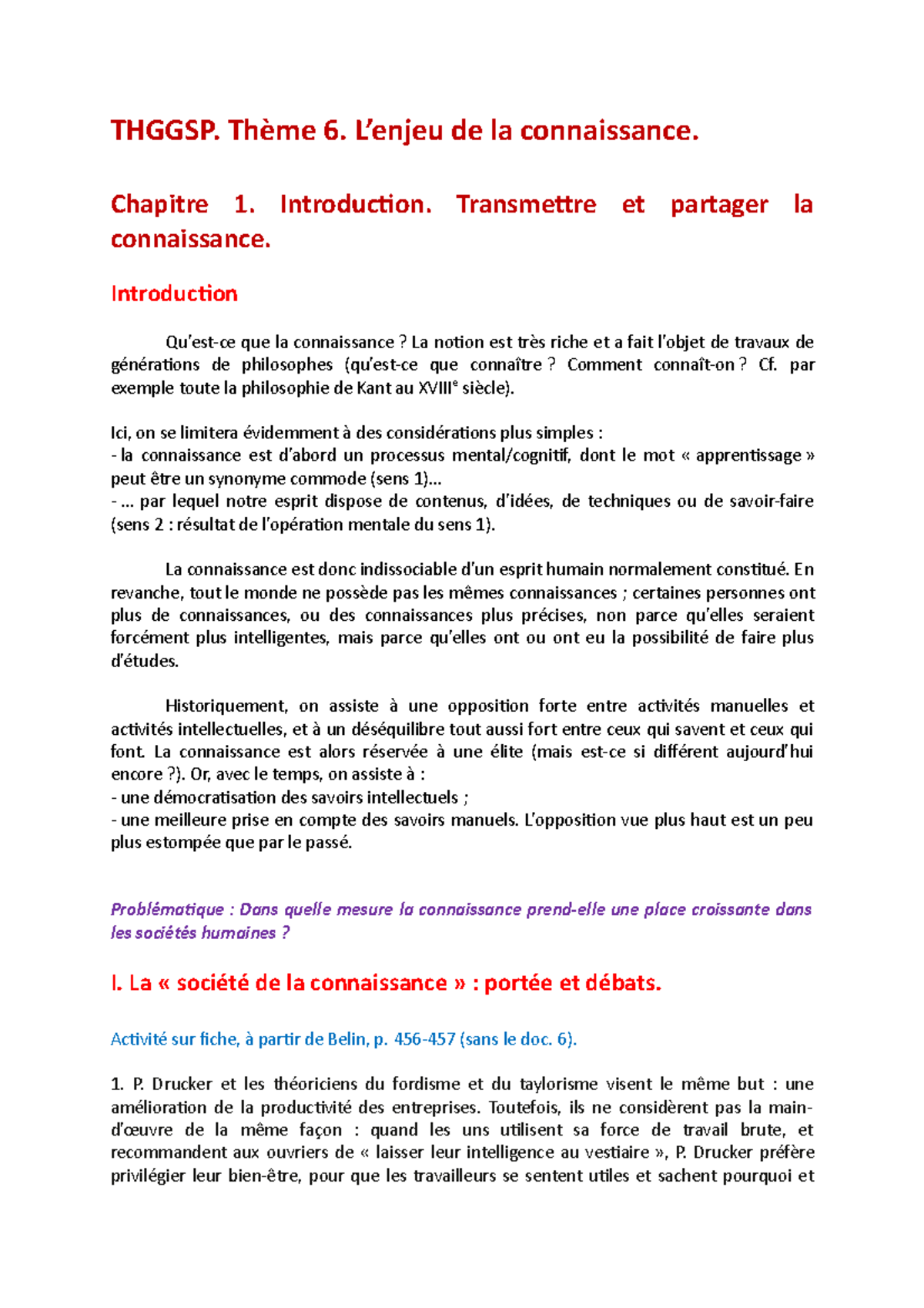 Hggsp connaissance intro - THGGSP. Thème 6. L’enjeu de la connaissance. Chapitre 1. Introduction ...