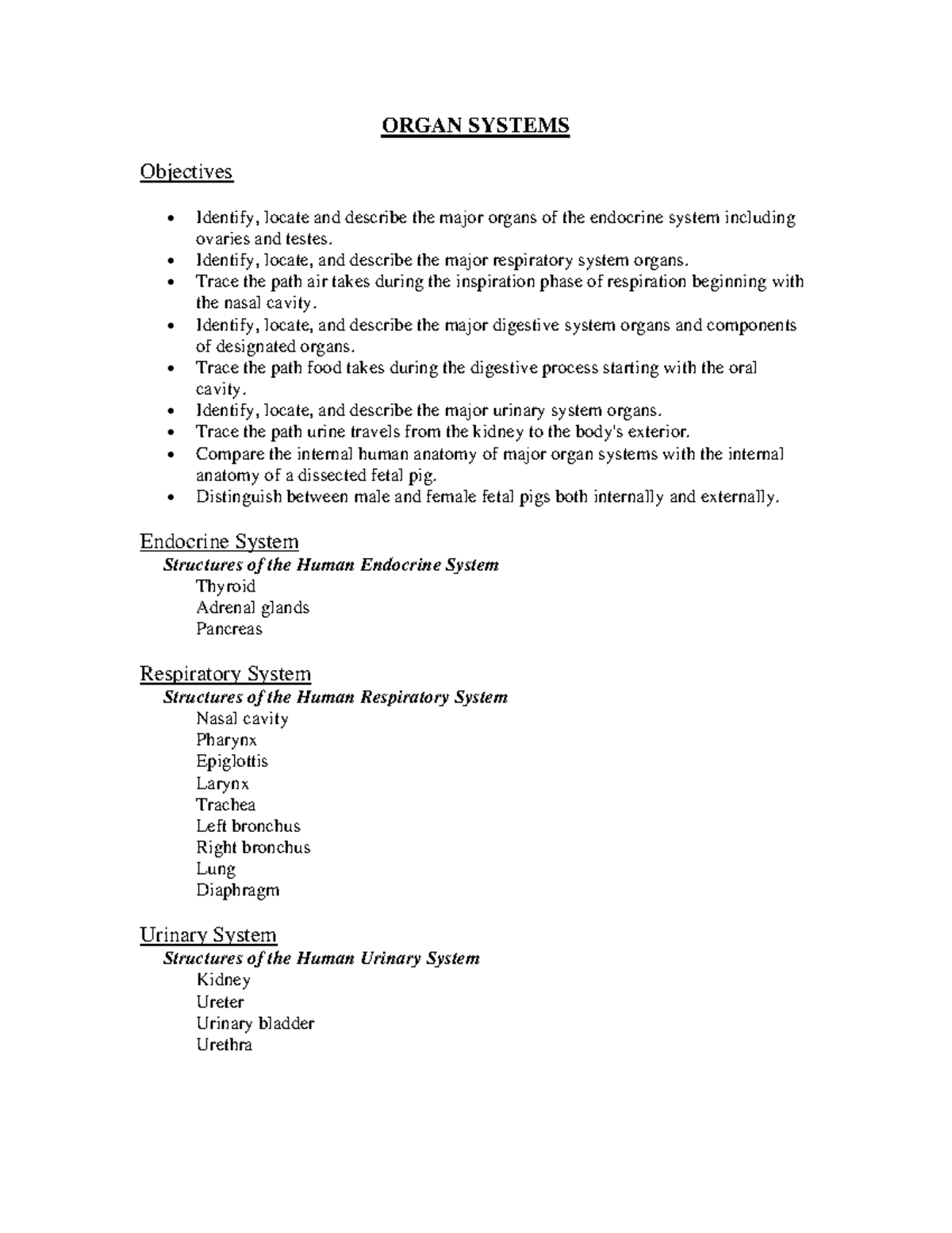 Organ Systems - N/A - ORGAN SYSTEMS Objectives Identify, locate and ...