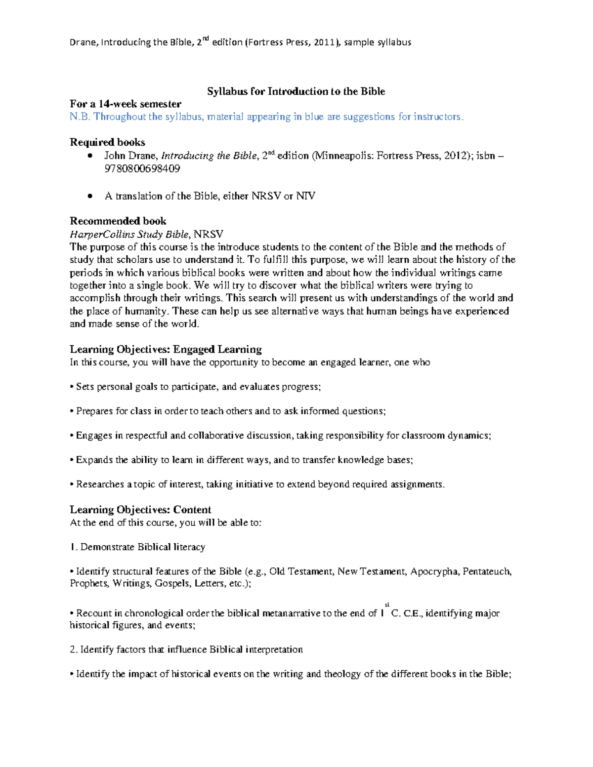 Syllabus - the good - Syllabus for Introduction to the Bible For a 14 ...