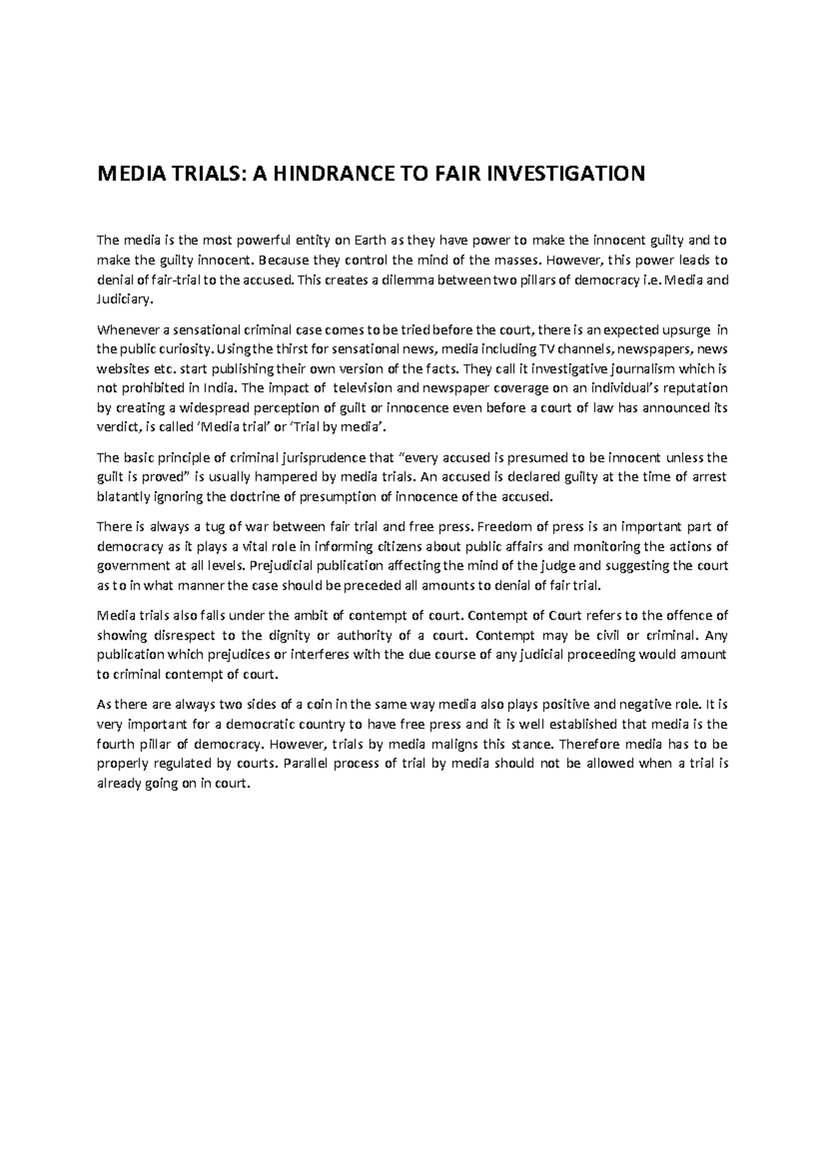 Media trials - ....... - MEDIA TRIALS: A HINDRANCE TO FAIR ...