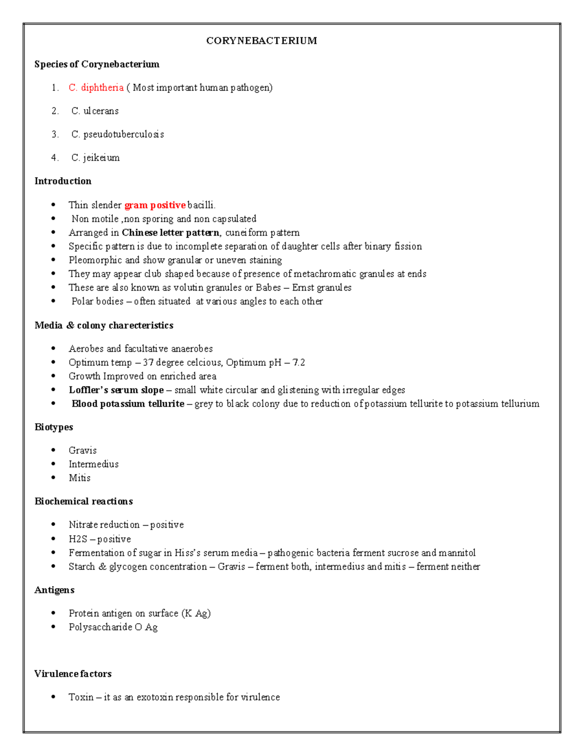 Corynebacterium - C. diphtheria ( Most important human pathogen) 2. C ...