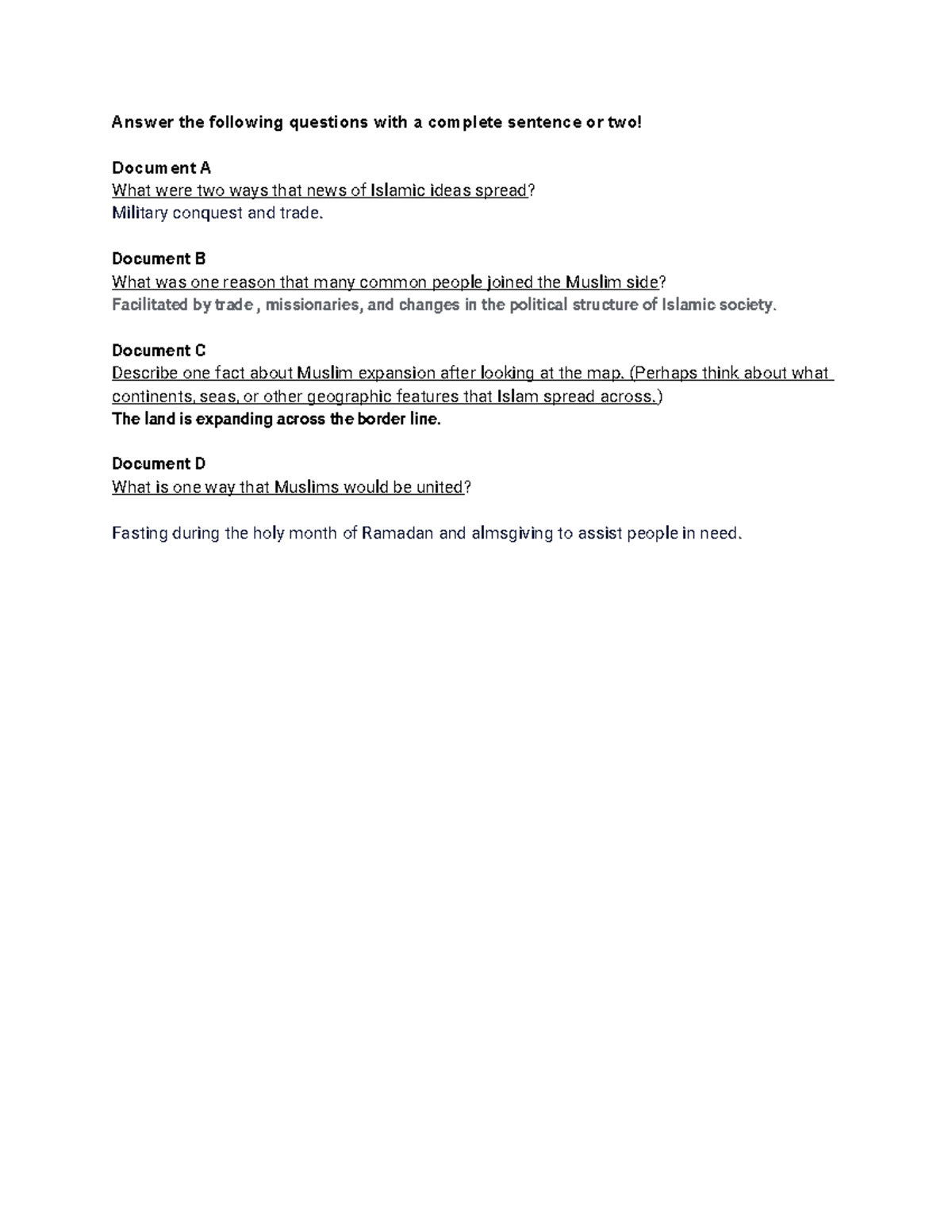Copy of Islam DBQ Questions - Answer the following questions with a ...