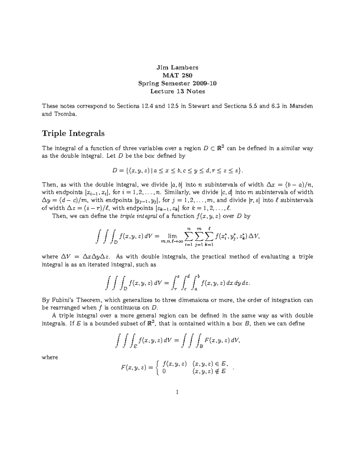 Triple Integrals - Jim Lambers MAT 280 Spring Semester 2009- Lecture 13 ...