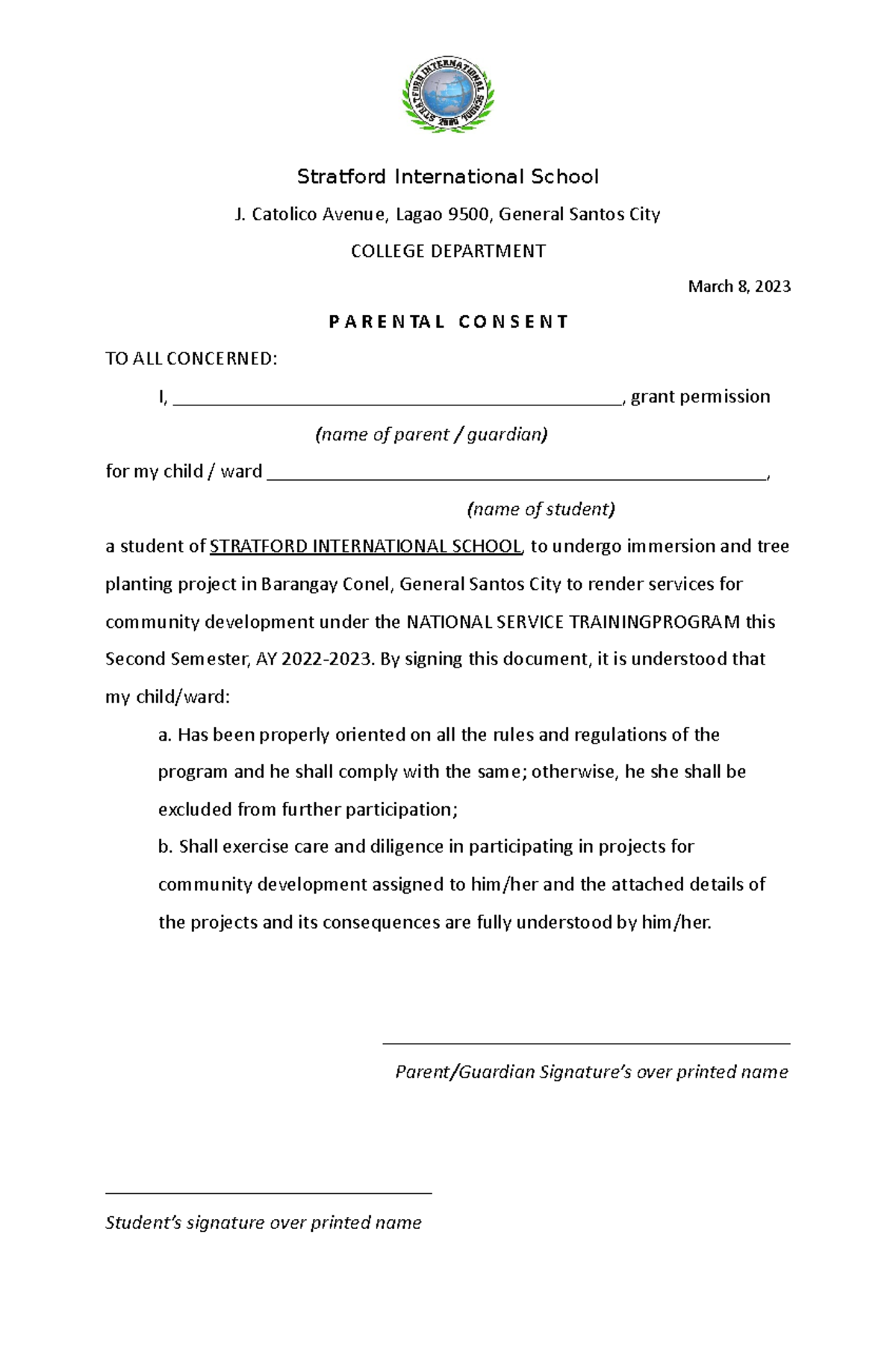 Parent Consent - NOTES - Stratford International School J. Catolico ...