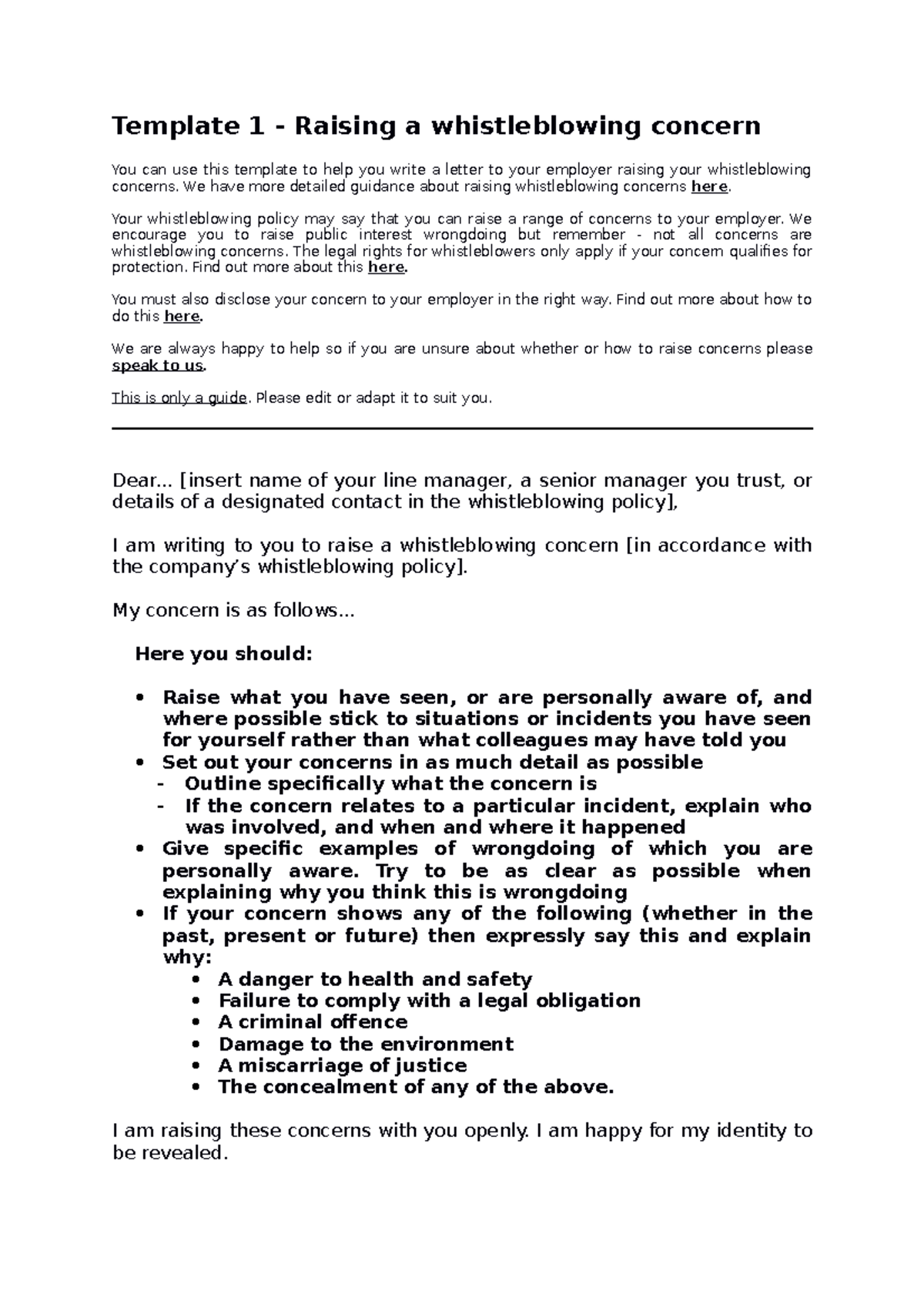 Template Email 1 Raising a whistleblowing concern - Template 1 ...