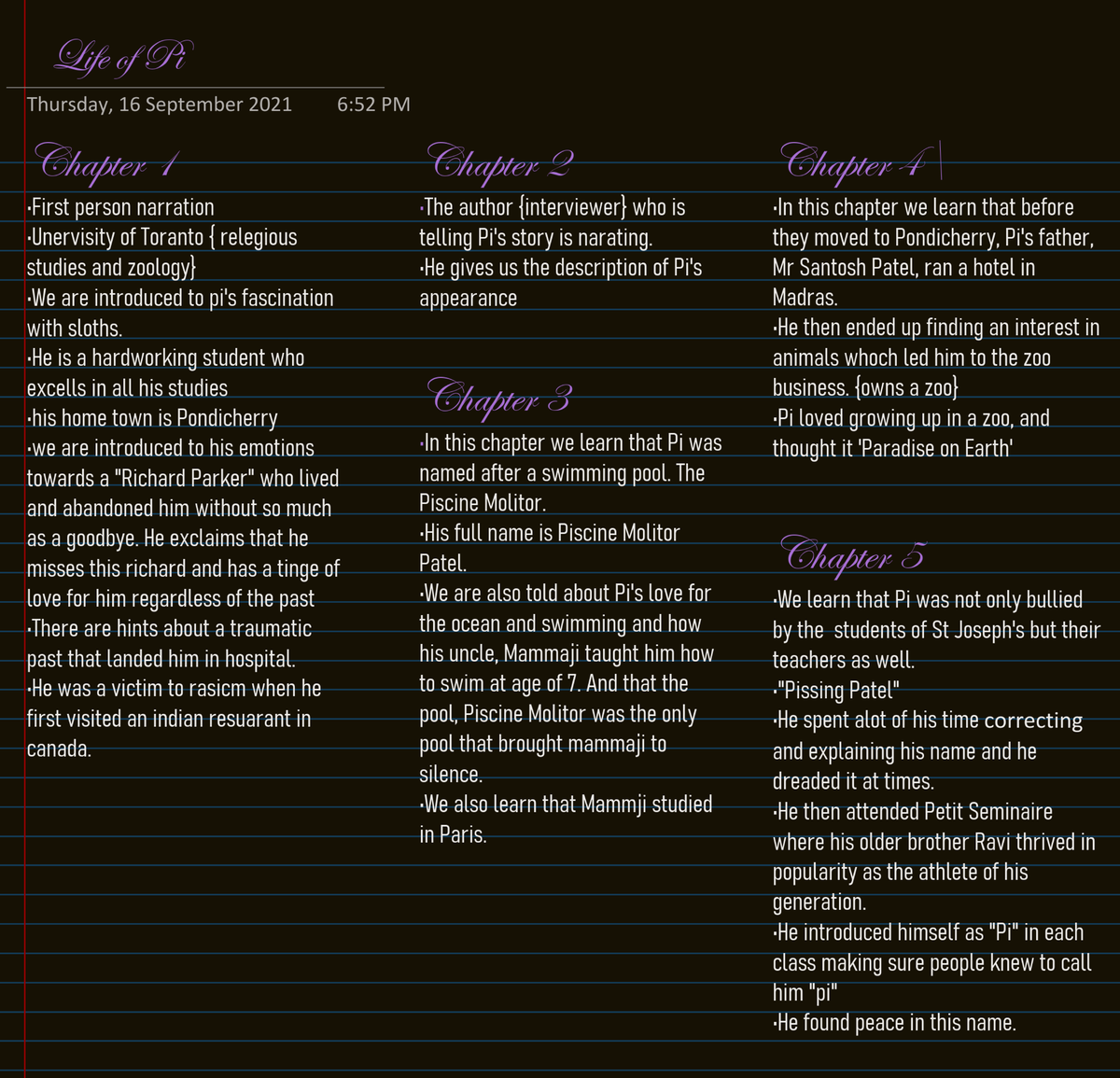 Life of Pi - english - Life of Pi Thursday, 16 September 2021 6:52 PM ...