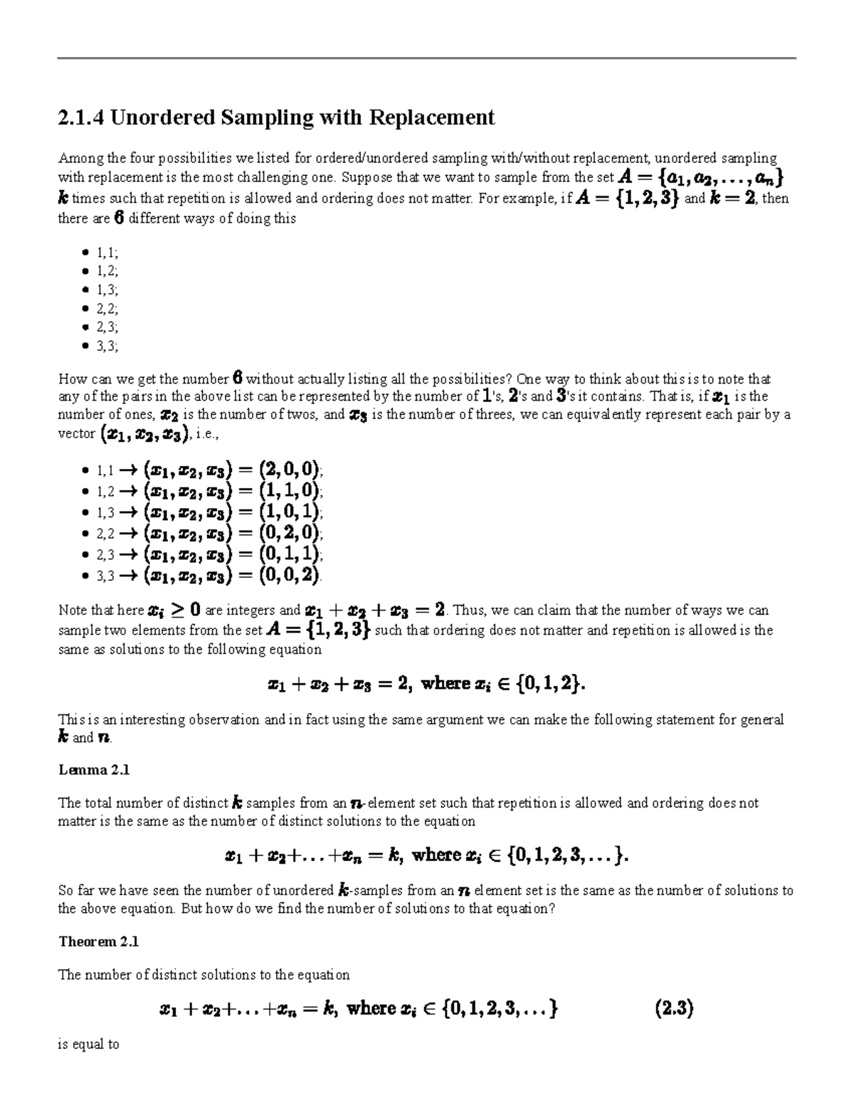 Unordered Sampling with Replacement Samples Counting Methods - 2.1 Unordered Sampling with - Studocu