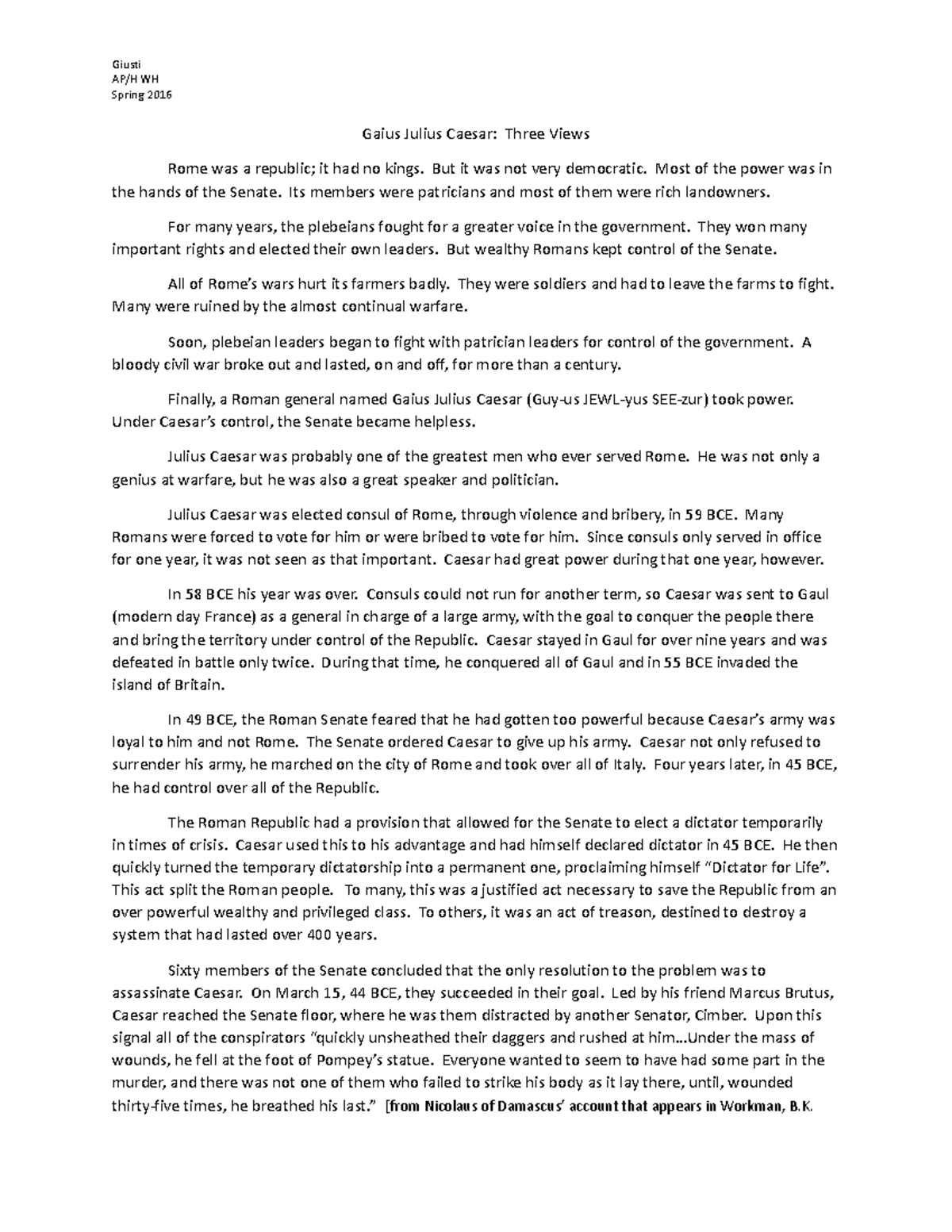 3 views of Caesar - Giusti AP/H WH Spring 2016 Gaius Julius Caesar ...