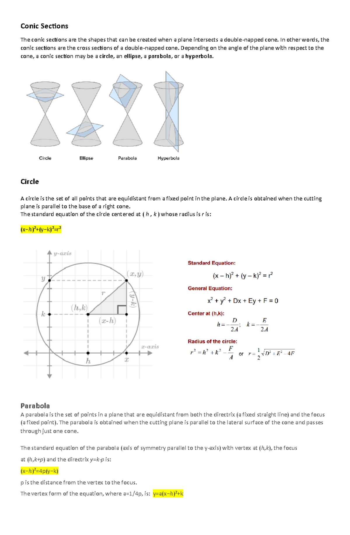 Conic section note - Conic Sections The conic sections are the shapes ...