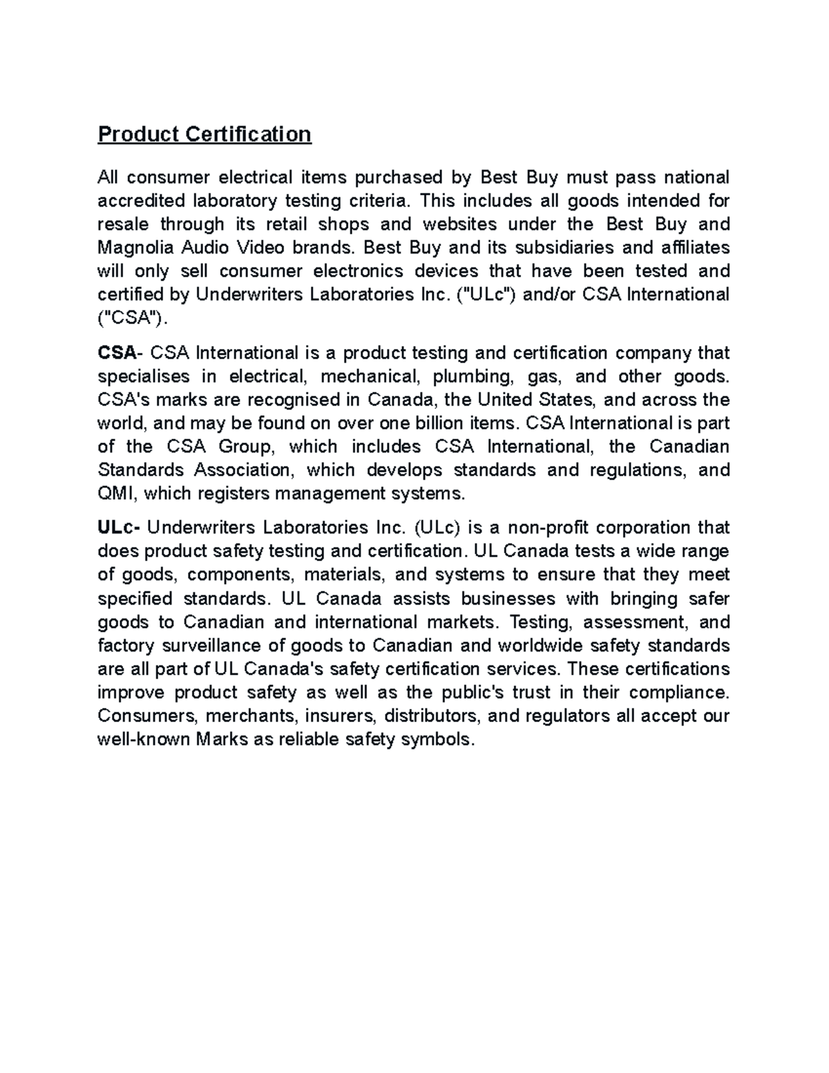 Bestbuy - assignment - Product Certification All consumer electrical ...