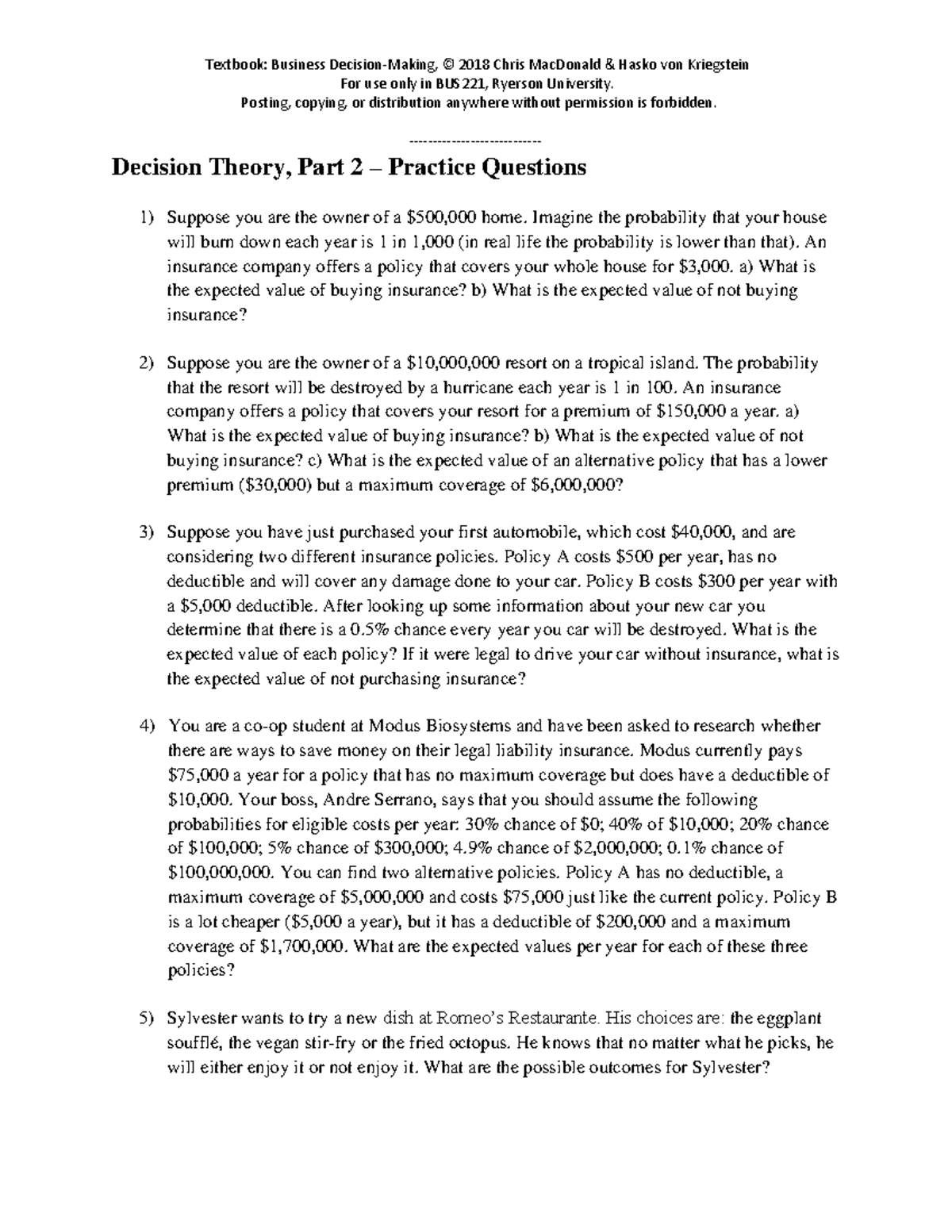 Decision Theory 2 Question and Answer - For use only in BUS221, Ryerson ...