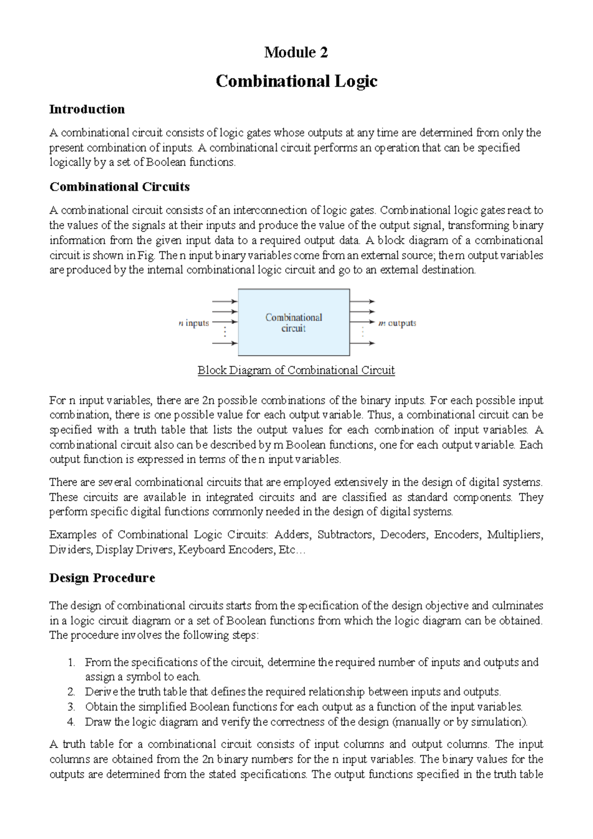 Module - 2 (comb. logic circuit) - Module 2 Combinational Logic Introduction A combinational ...