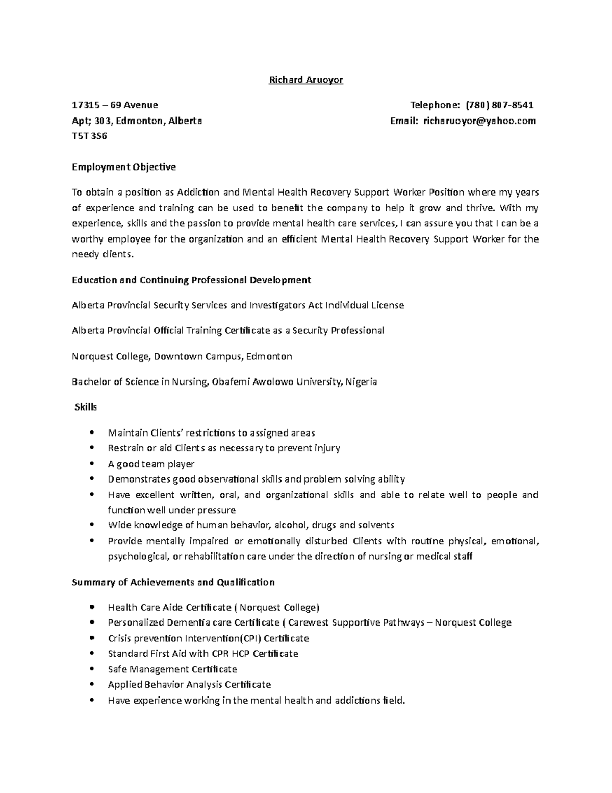 Resume for Addiction, Acohol Recovery Support Worker 2 new one ...
