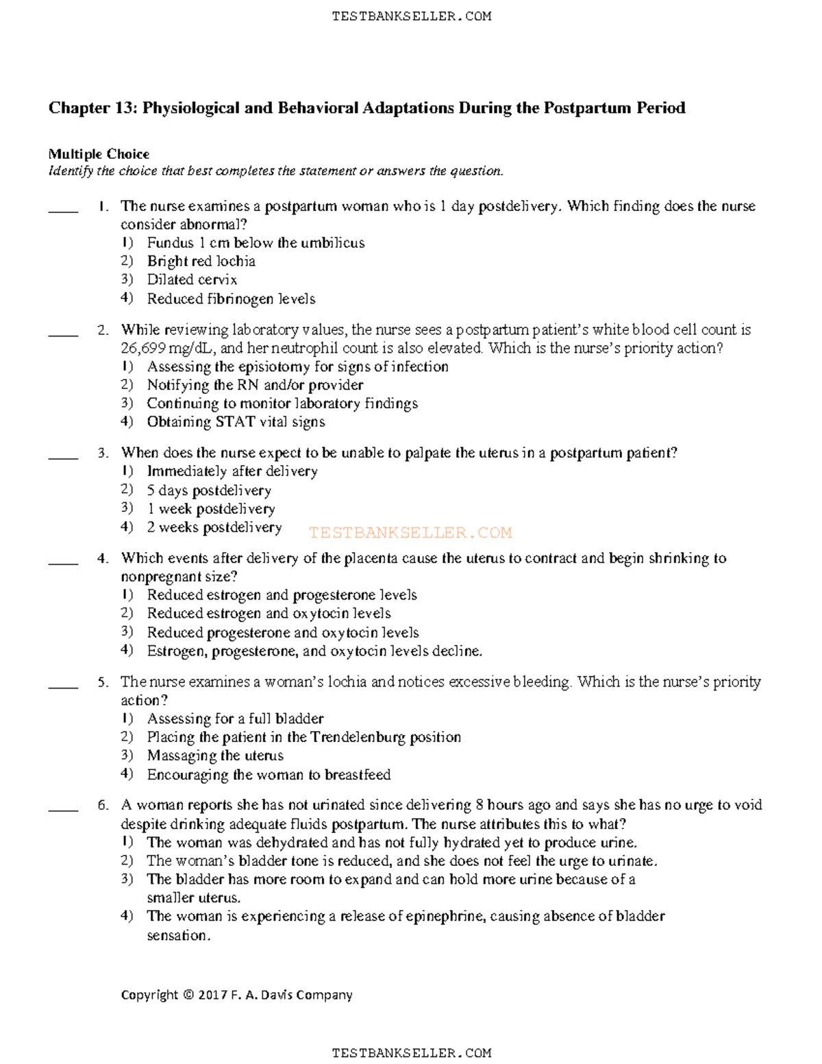 Ch13 - Ch 13 - TESTBANKSELLER Copyright © 2017 F. A. Davis Company ...