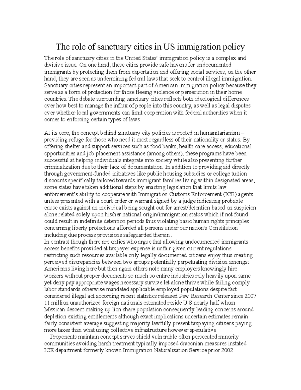 The role of sanctuary cities in US immigration policy - On one hand ...