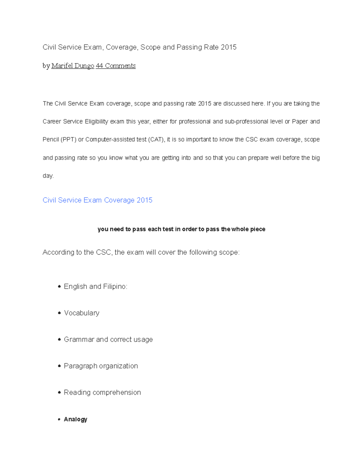 Pdfcoffee - Civil Service Exam, Coverage, Scope and Passing Rate 2015 ...