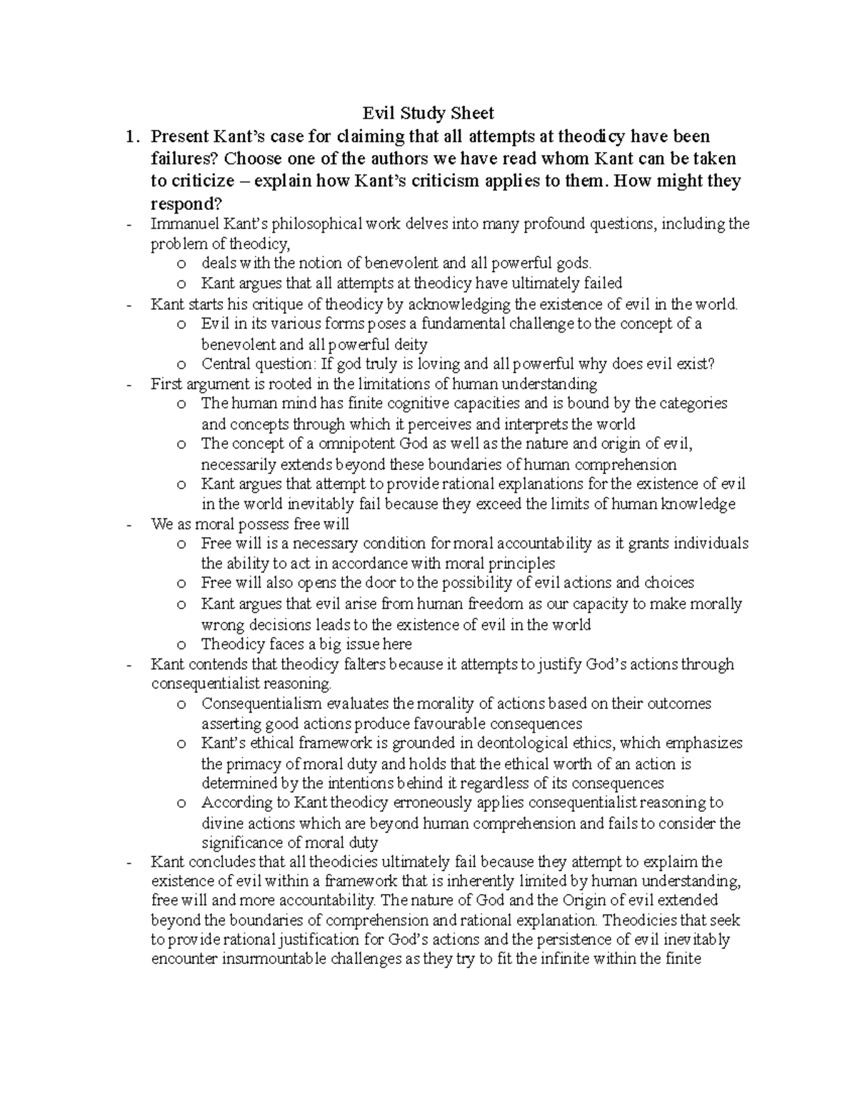 Evil Study Sheet - midterm exam - Evil Study Sheet 1. Present Kant’s ...