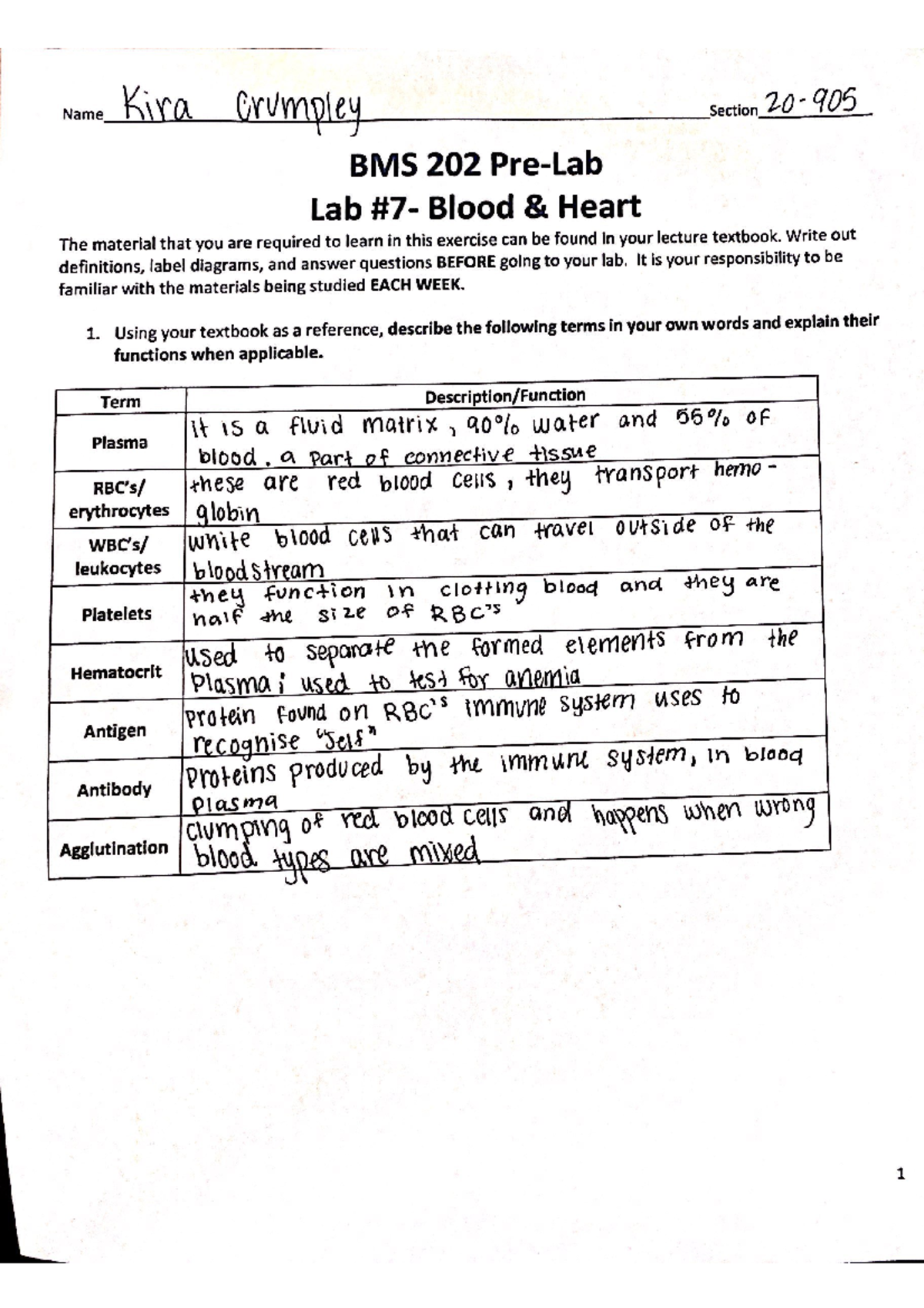 Anatomy pre-lab #7 - pre lab - Section 20 G05 Name Kiva urvingley BMS 202 Lab Blood Heart The ...