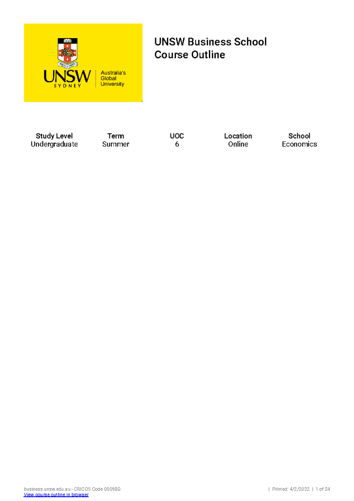 UNSW Business School Course Outline Study - Studocu
