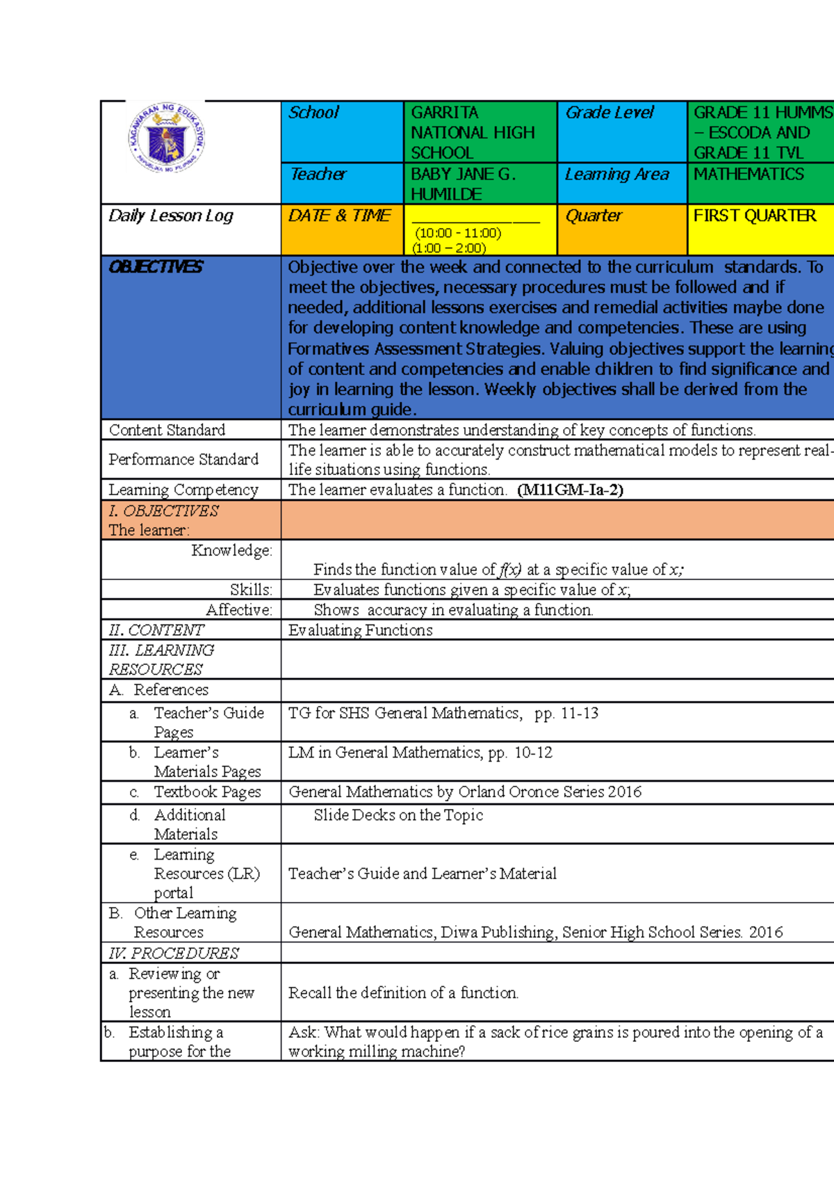 DAY 2 ORIG - nnnn - School GARRITA NATIONAL HIGH SCHOOL Grade Level ...