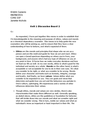 CJUS 337 IP 2 - Unit 2 Project for CJHS-337; Ethics for the CD ...