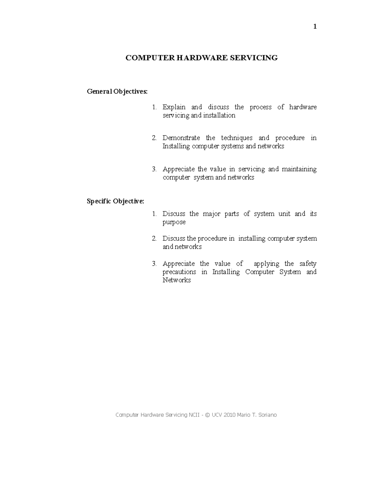 Computer Hardware Servicing - COMPUTER HARDWARE SERVICING General ...