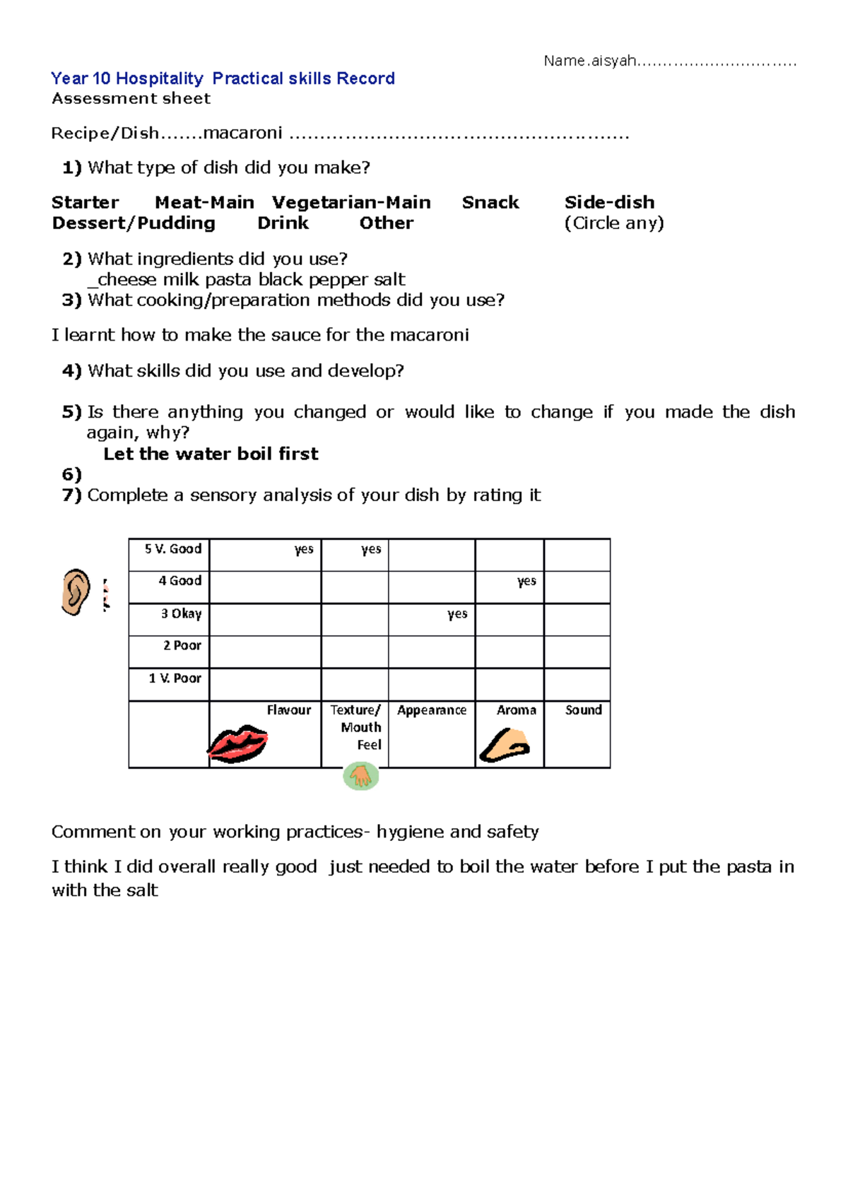 Food practical evaluation sheet Sept 23 - Name ...