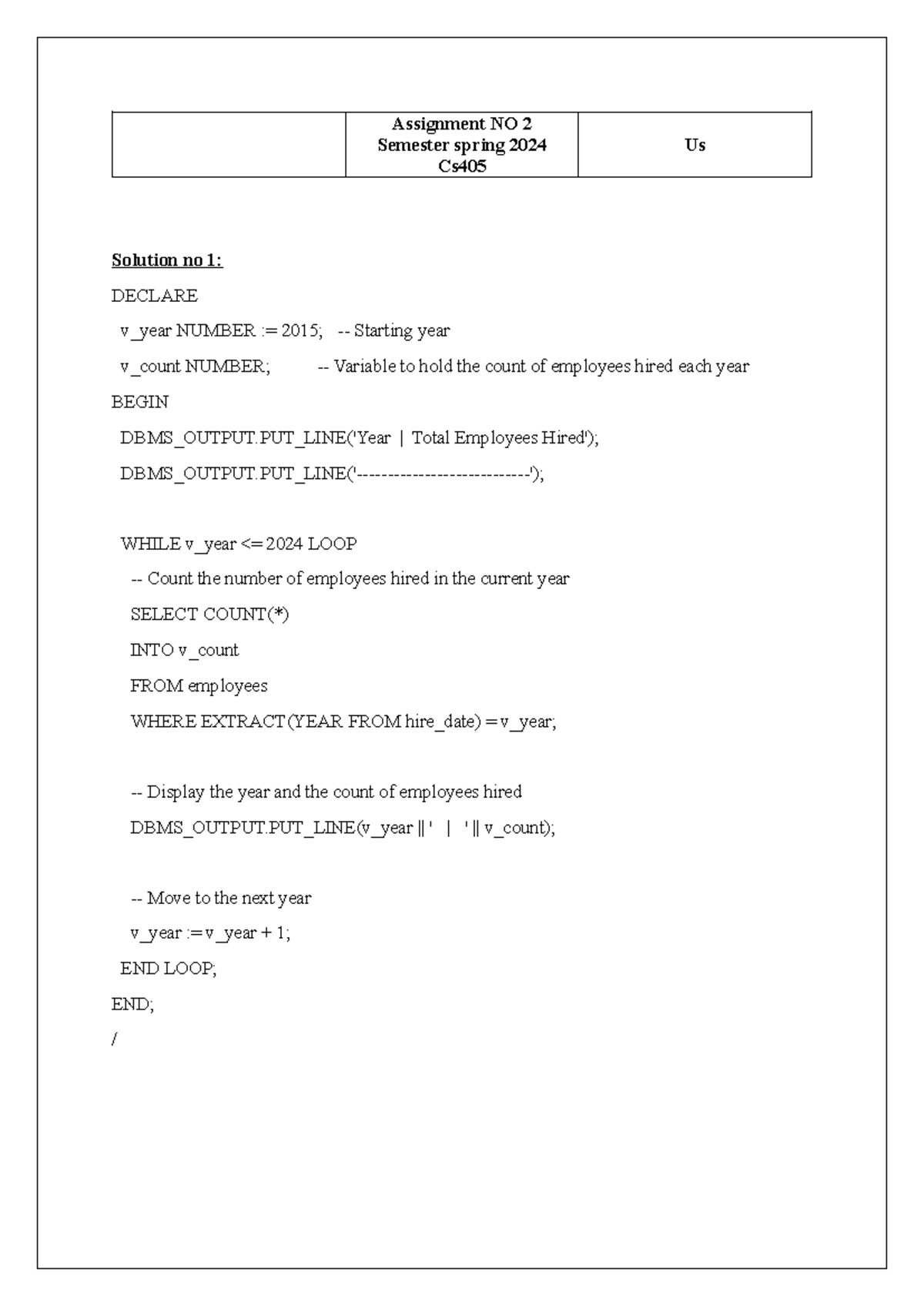 Cs 405 - code are available - Assignment NO 2 Semester spring 2024 Cs Us Solution no 1: DECLARE ...