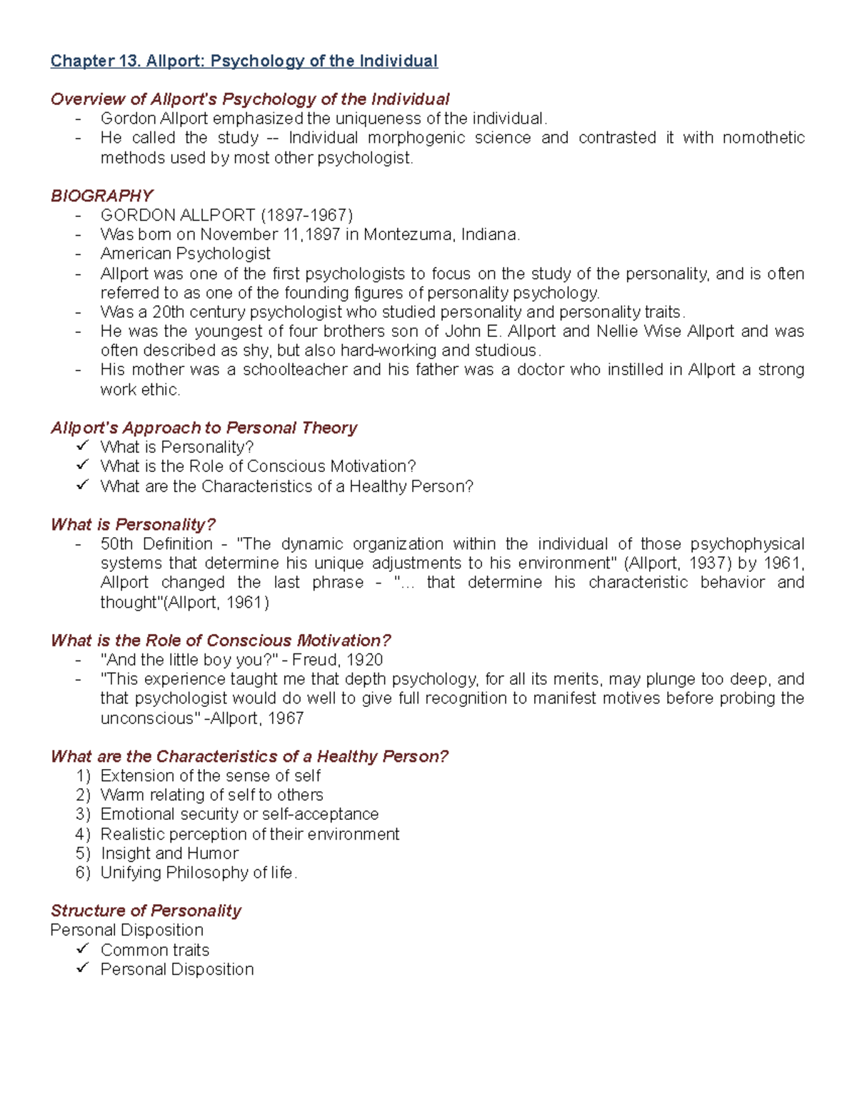 Chapter 13 Allport - Chapter 13. Allport: Psychology of the Individual ...