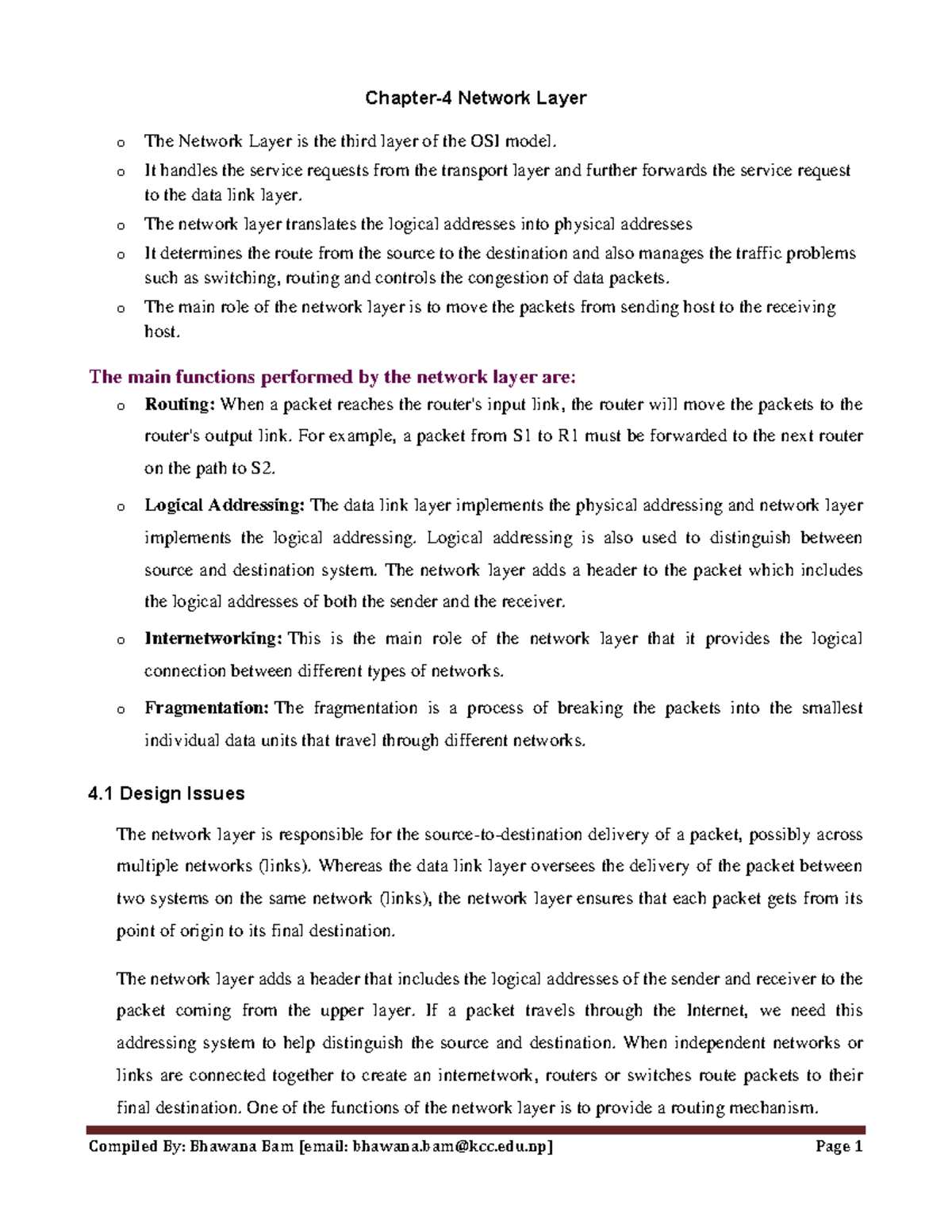 CN 4 - Network Layer - Notes by Bhawana Bam - Chapter-4 Network Layer o ...