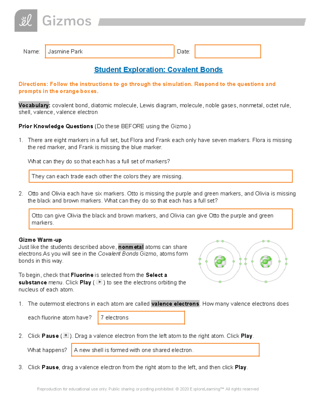 Copy of Covalent Bonds SE - Name: Jasmine Park Date: Student ...
