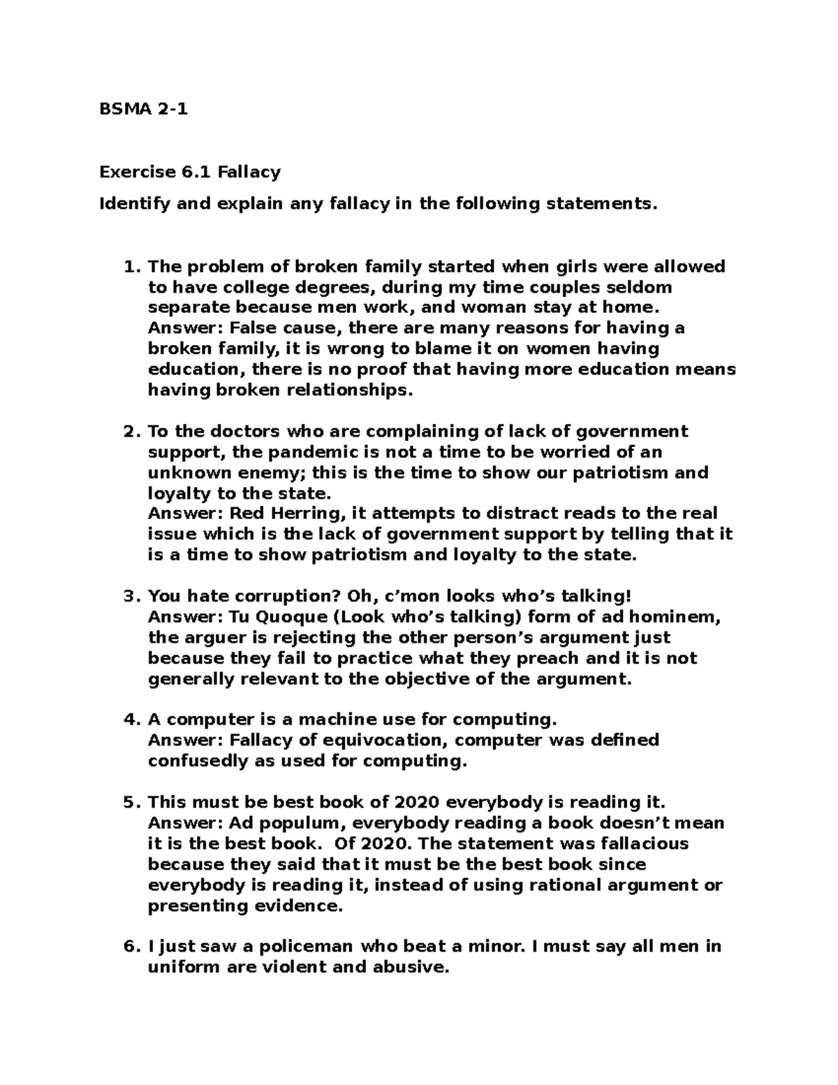 BSMA- Business Logic Activity 6 - BSMA 2- Exercise 6 Fallacy Identify ...