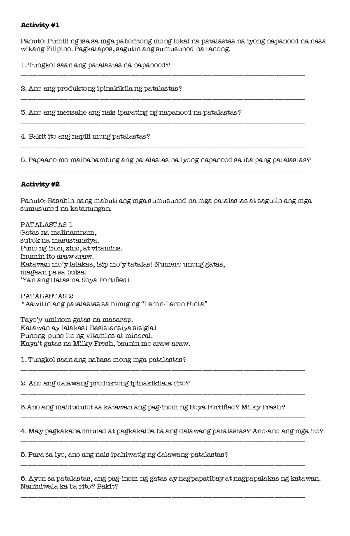 Filipino Q4 Activity 12 - Activity # Panuto: Pumili ng isa sa mga ...