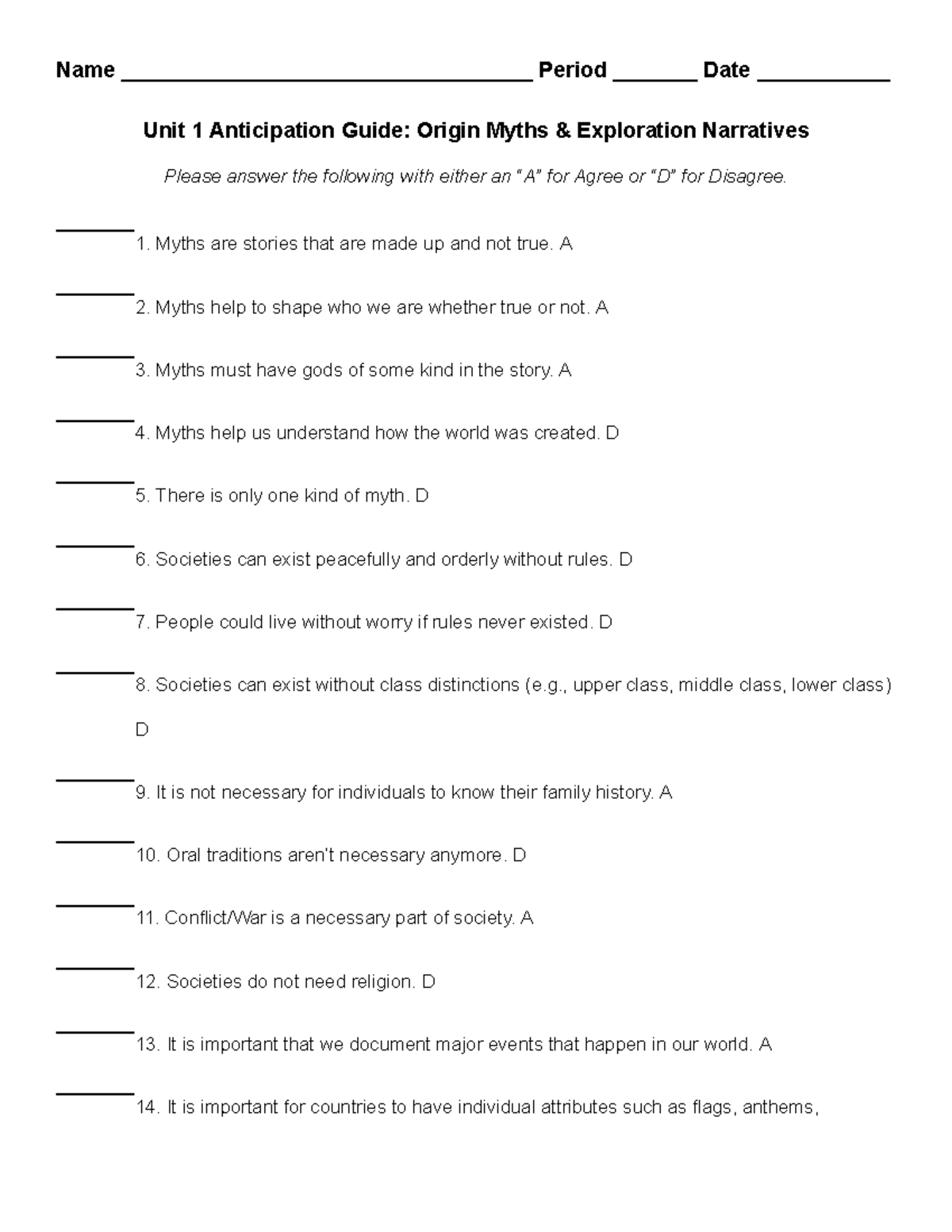 Copy of Unit 1 Anticipation Guide Origin Myths - Name ...