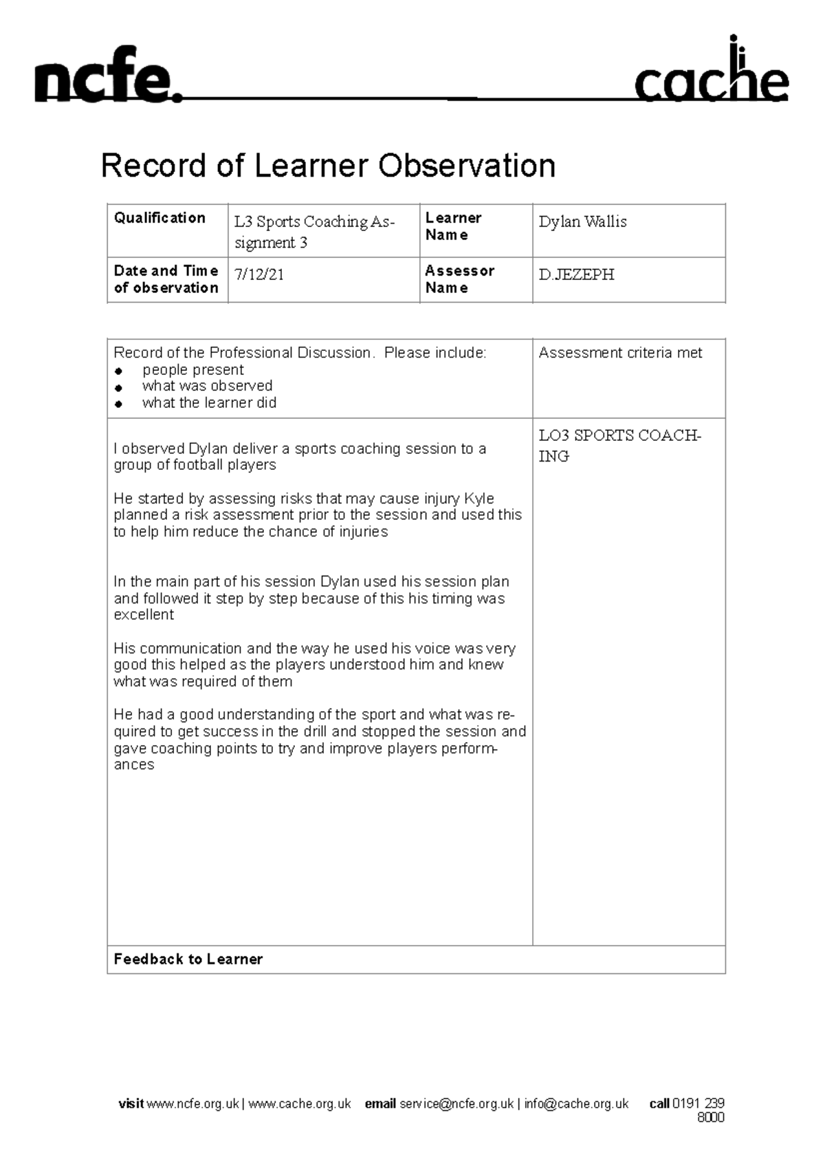 Observation Sheet - vfty - Record of Learner Observation Qualification ...