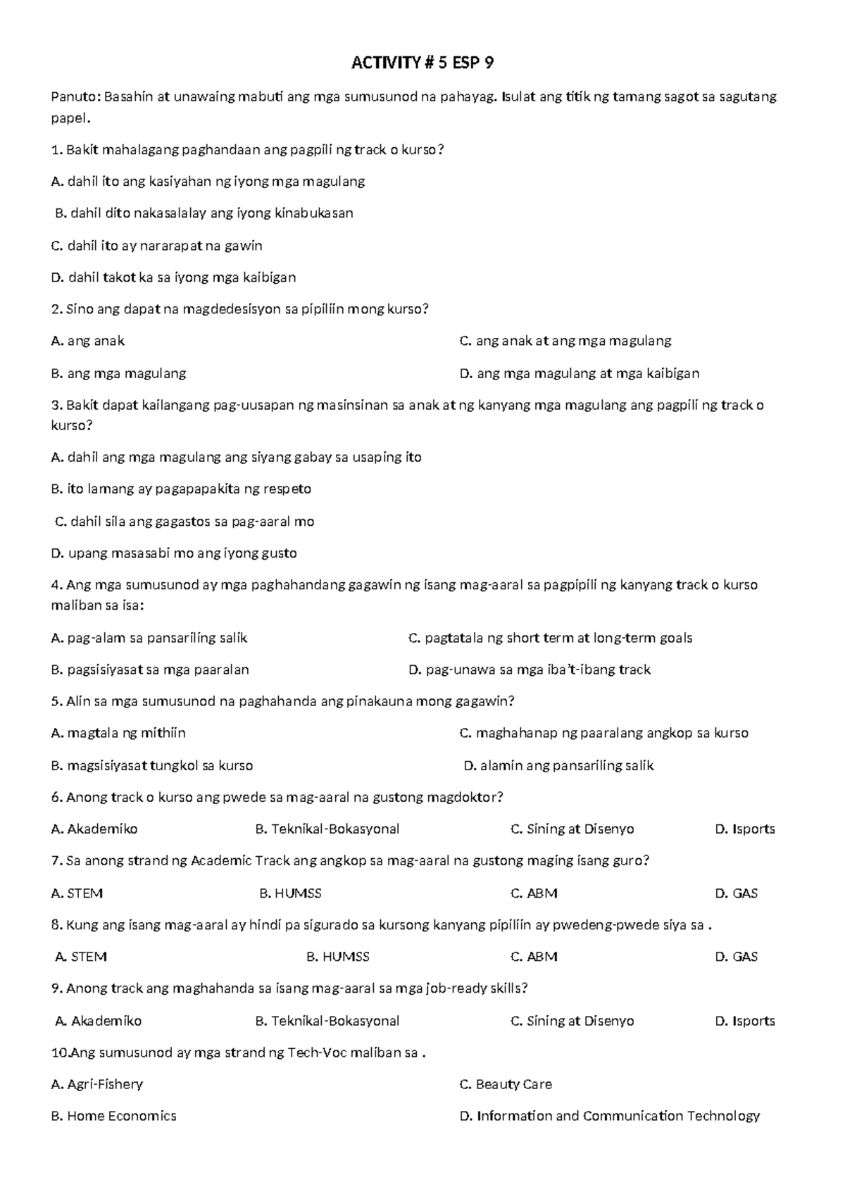 4th Quarter Activity 5 ESP - ACTIVITY # 5 ESP 9 Panuto: Basahin at ...