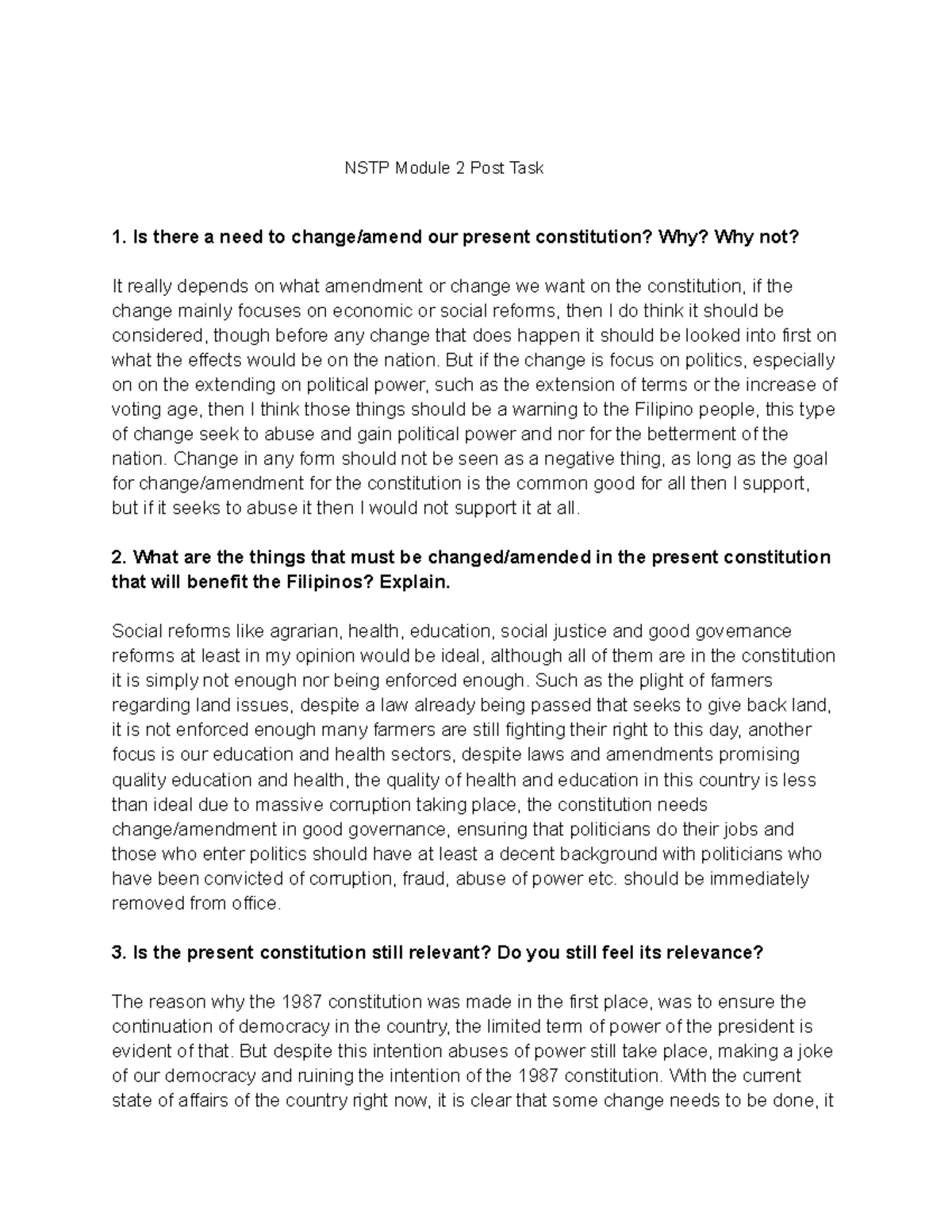 NSTP Module 2 Post Task - NSTP Module 2 Post Task 1. Is there a need to change/amend our present ...